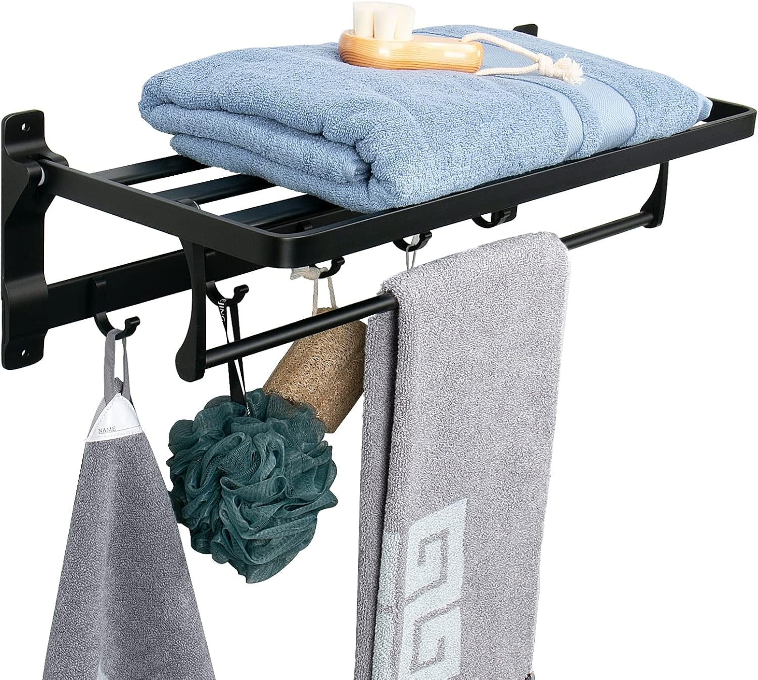 Foldable Double Towel Holder with Towel Bar and 5 Hooks for Bathroom ...