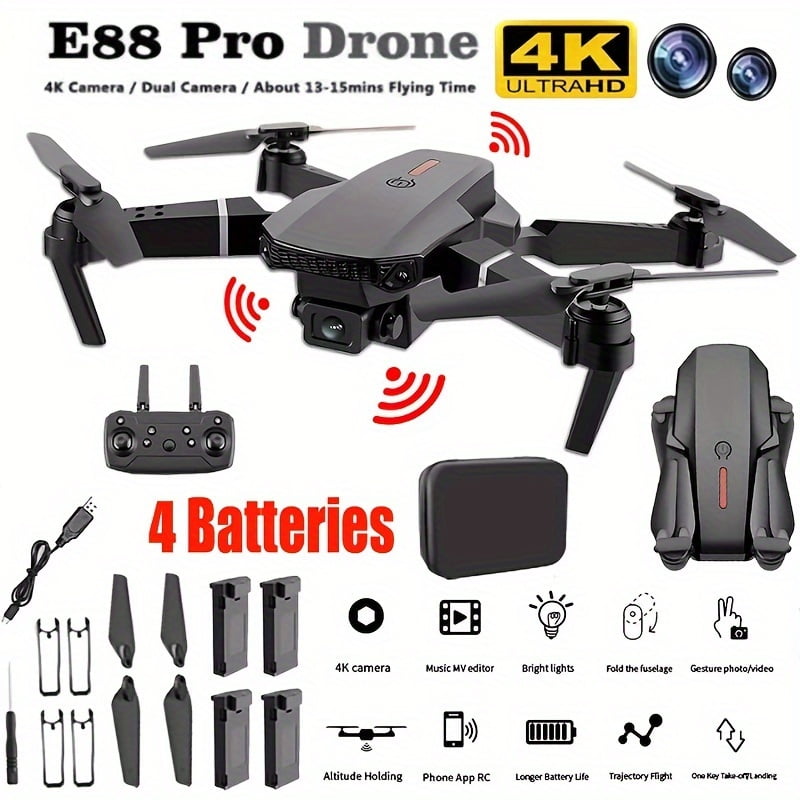 Foldable E88Pro Brushless Drone with Dual 4K Camera, Obstacle Avoidance ...