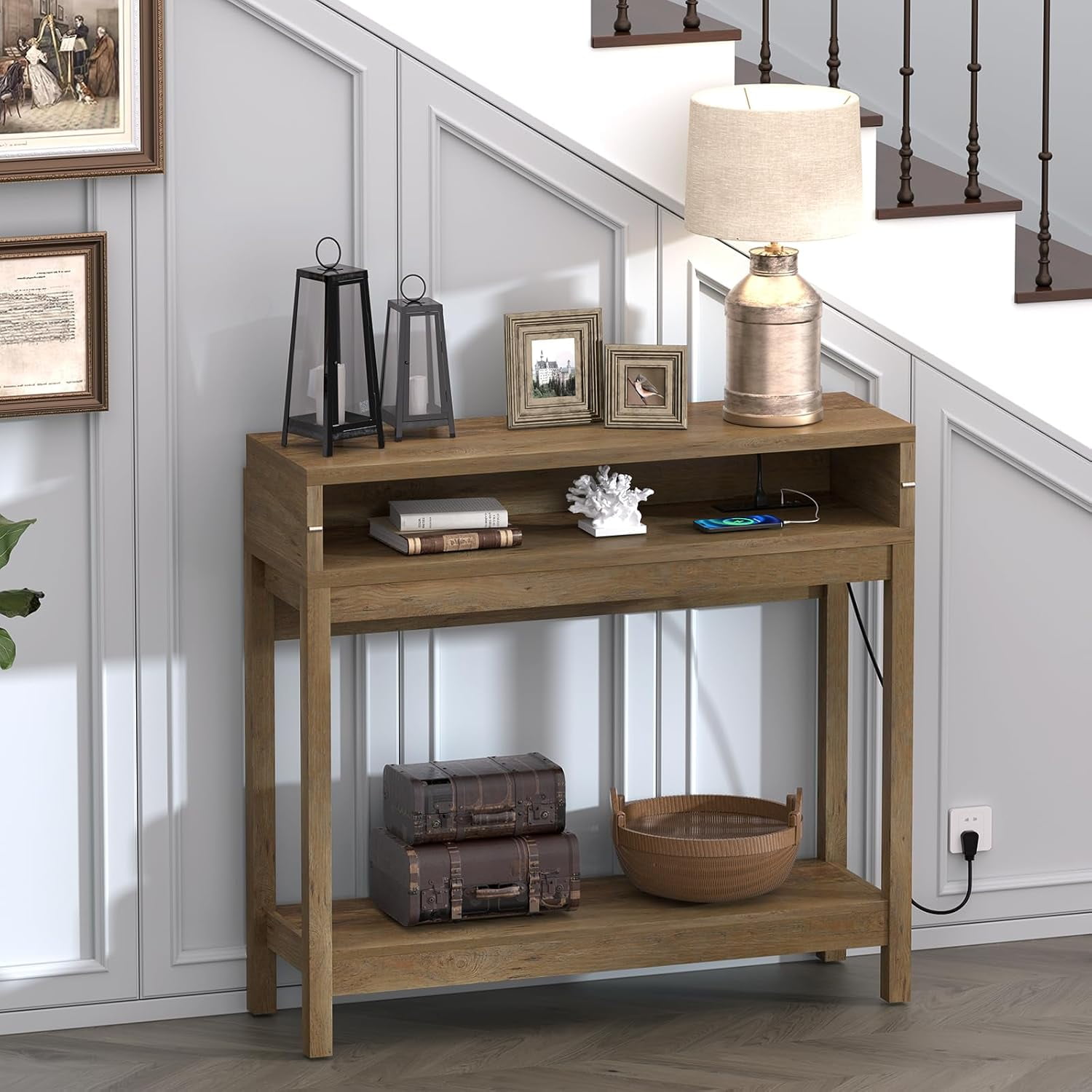 Foldable End Table with Charging Station, 38" Narrow Sofa Table ...