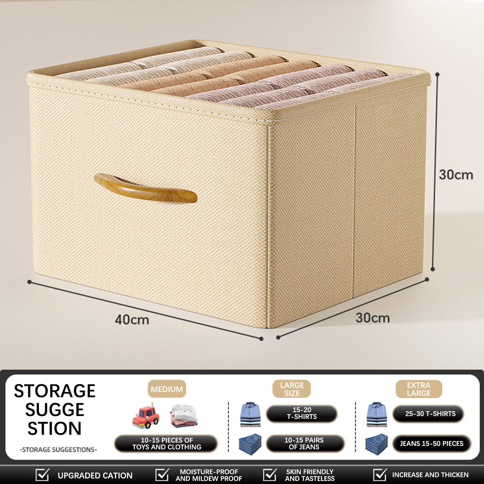Foldable Fabric Storage Box with Wooden Handles - Large Capacity ...