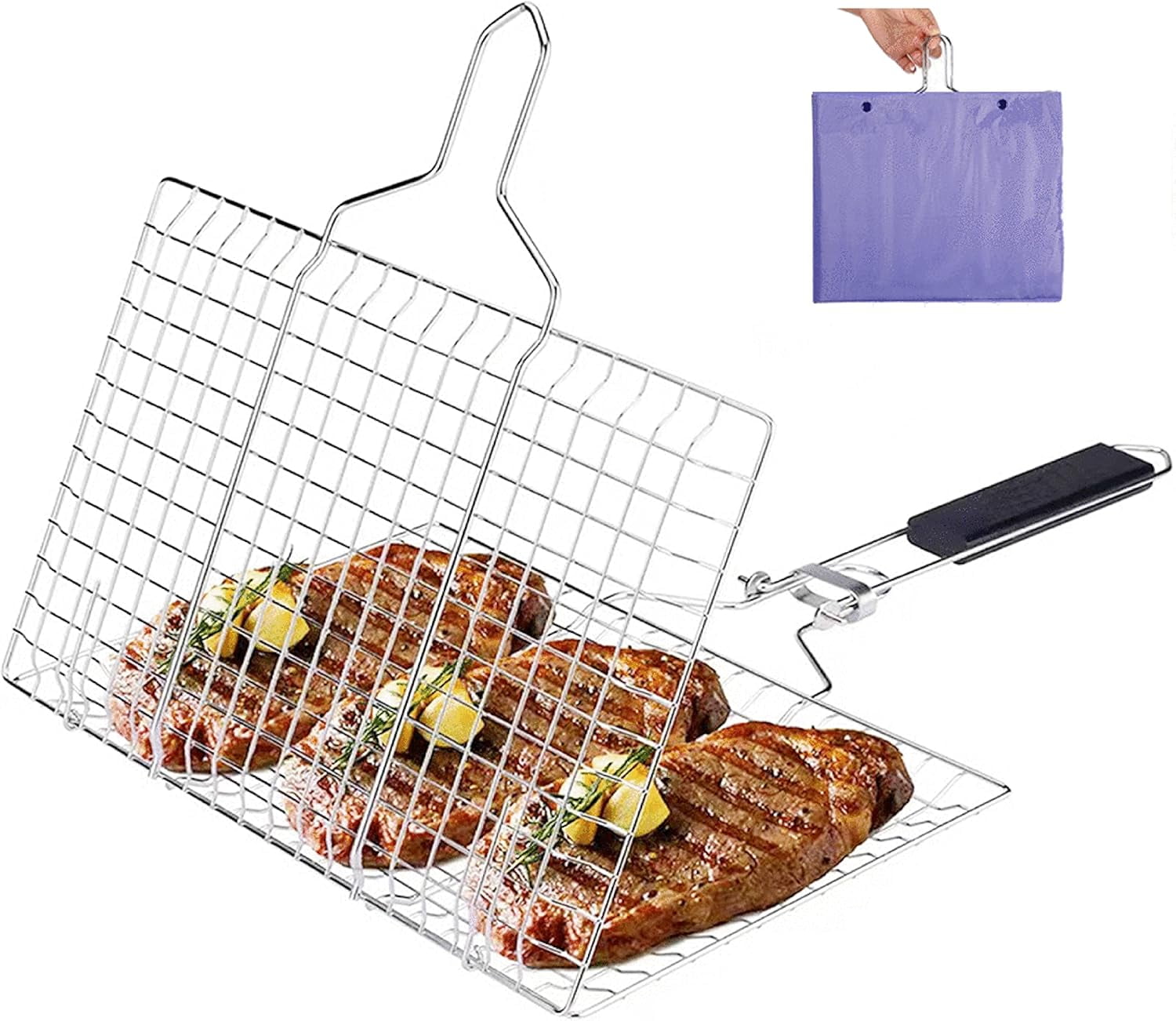 Foldable Fish Grill Basket - Stainless Steel, Removable Handle, Large ...