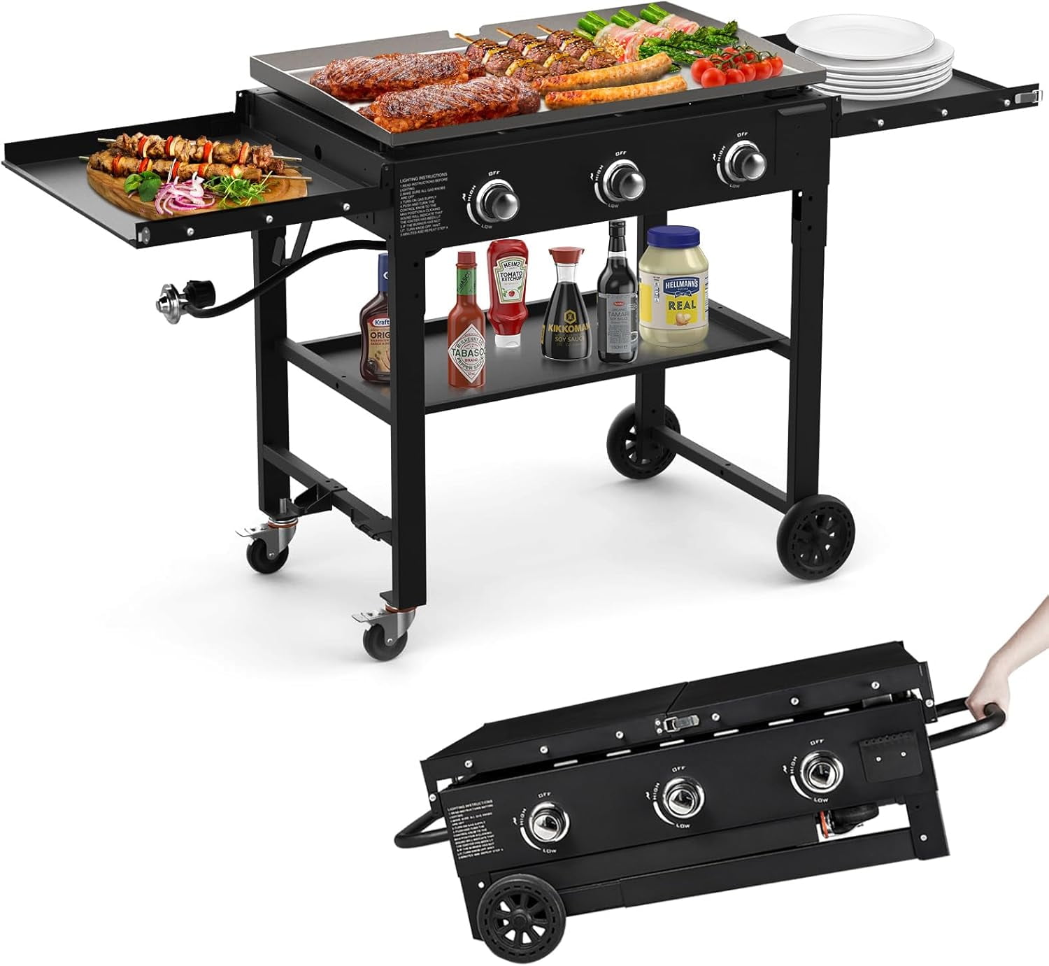 Foldable Flat Top Grill, Outdoor Griddle-3 Burner Propane Griddle with ...