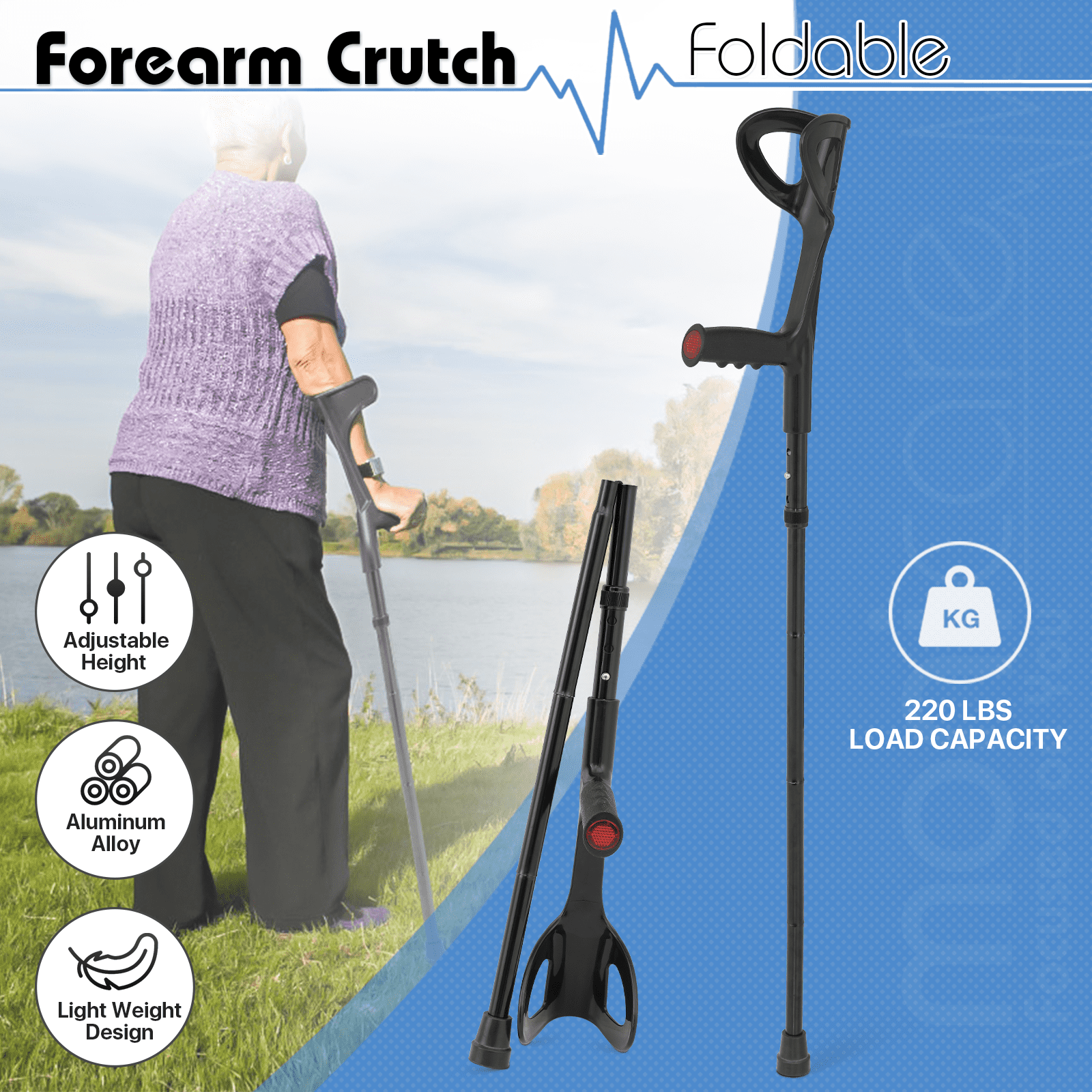 Foldable Forearm Crutch Ergonomic Handle Adjustable Height Aluminum ...