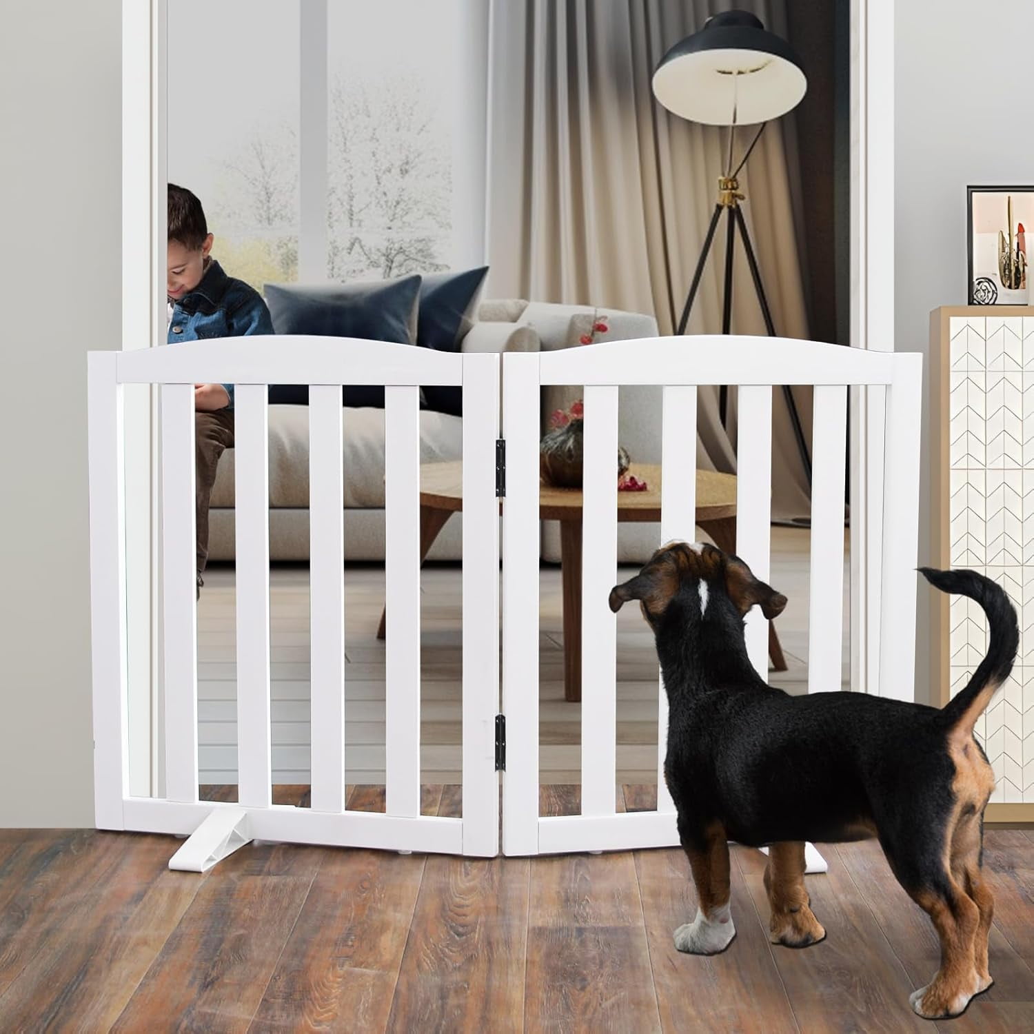 Foldable Freestanding Indoor Dog Gate for House Wood White Long Pet ...