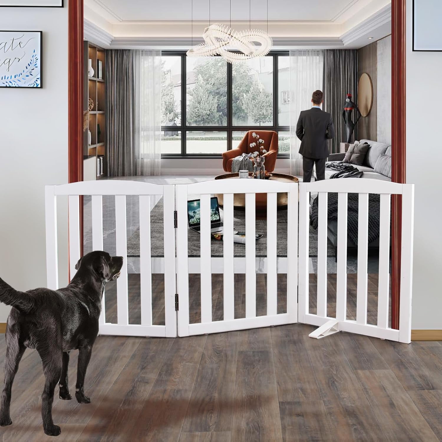 Foldable Freestanding Indoor Dog Gate for House Wood White Long Pet ...