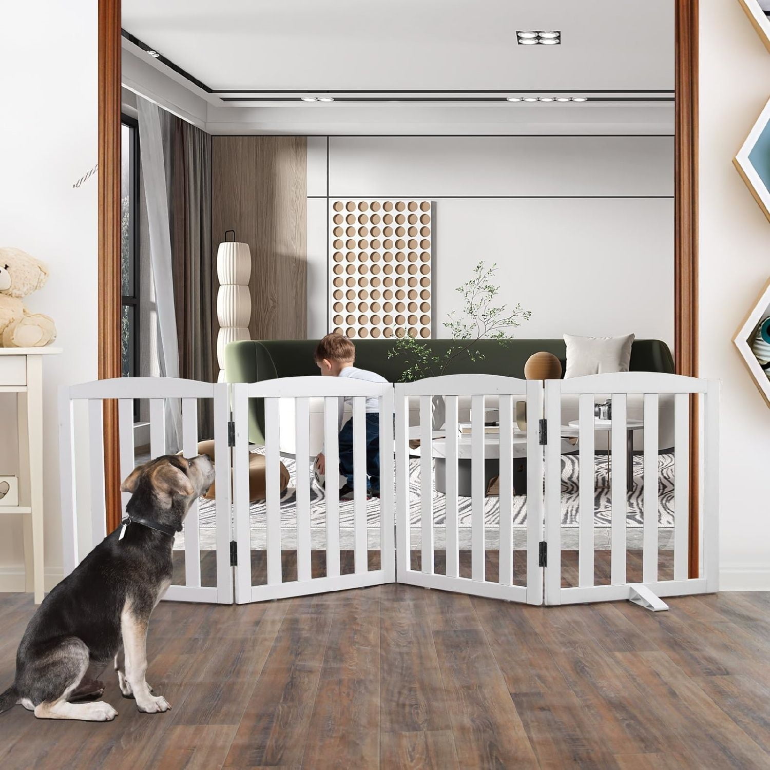 Foldable Freestanding Indoor Dog Gate for House Wood White Long Pet ...