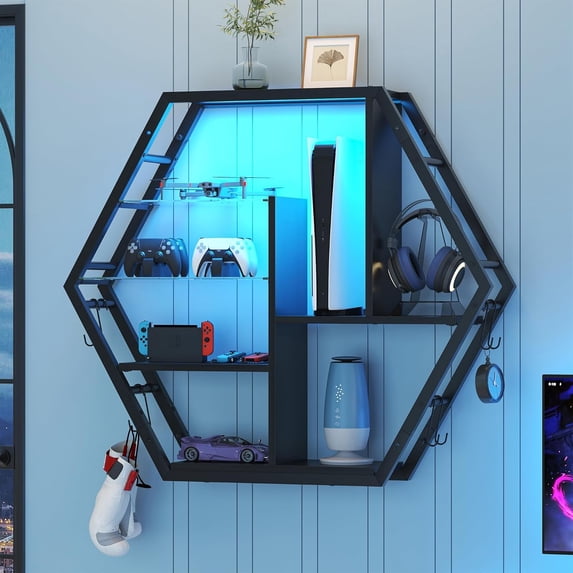 Foldable Gaming Floating Shelves with LED Lights, 4 Tier Display Rack ...