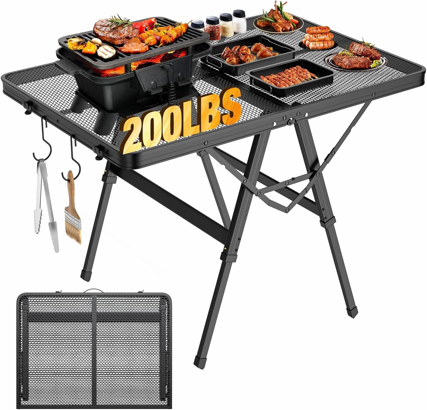 Foldable Grill Table with Mesh Desktop, 200lbs 3Ft Portable Folding ...