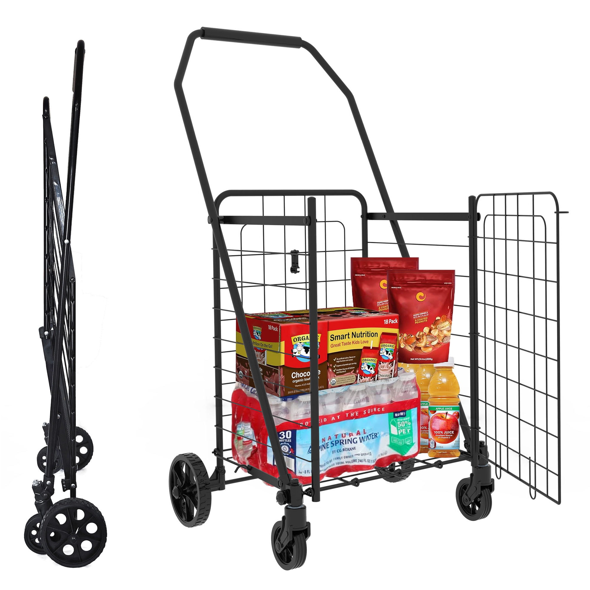 Foldable Grocery Shopping Cart on Wheels with Open Door Design, Double ...
