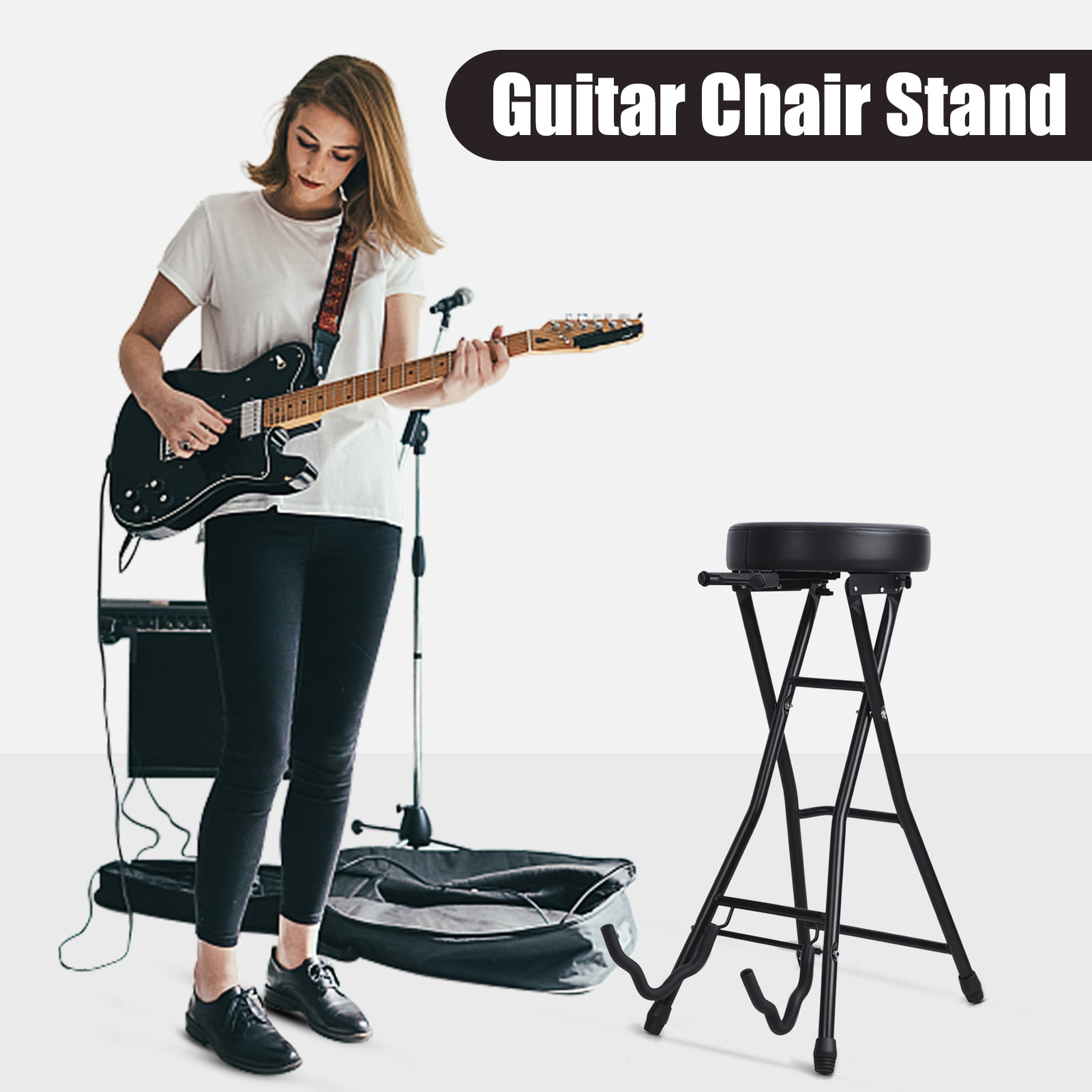 Foldable Guitar Stool with Padded Seat and Rear Mounted Guitar Hanger ...