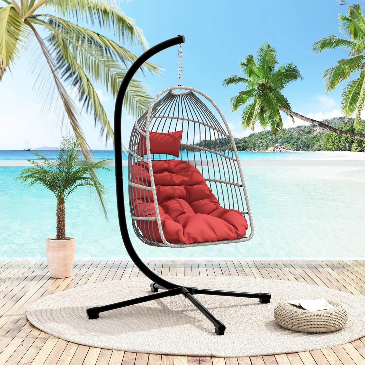Foldable Hanging Egg Chair with Stand, HDPE Rattan and Heavy Duty ...