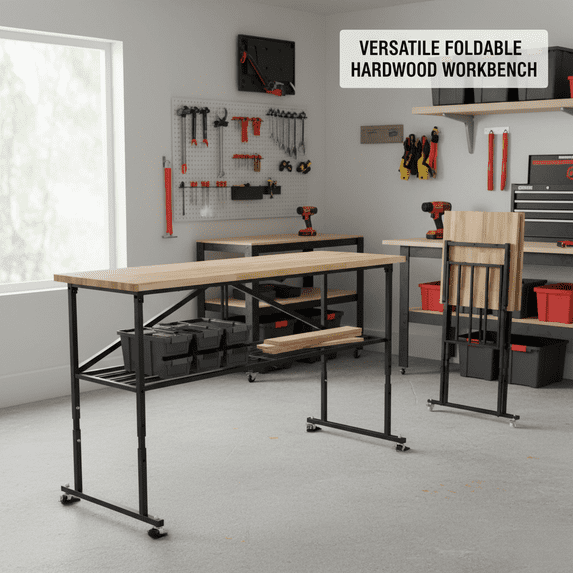 Foldable Hardwood Workbench with Locking Casters - Adjustable Height ...