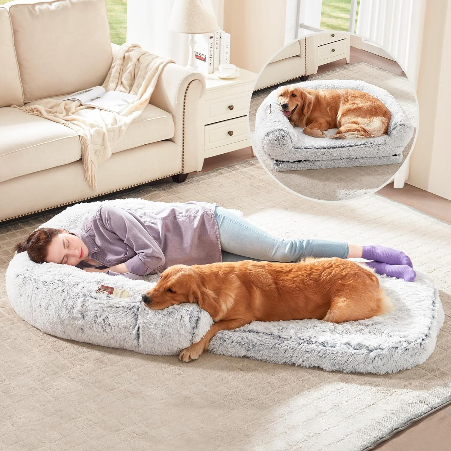 Foldable Human Dog Bed for Adult, Memory Foam Dog Bed for Humans, Faux ...