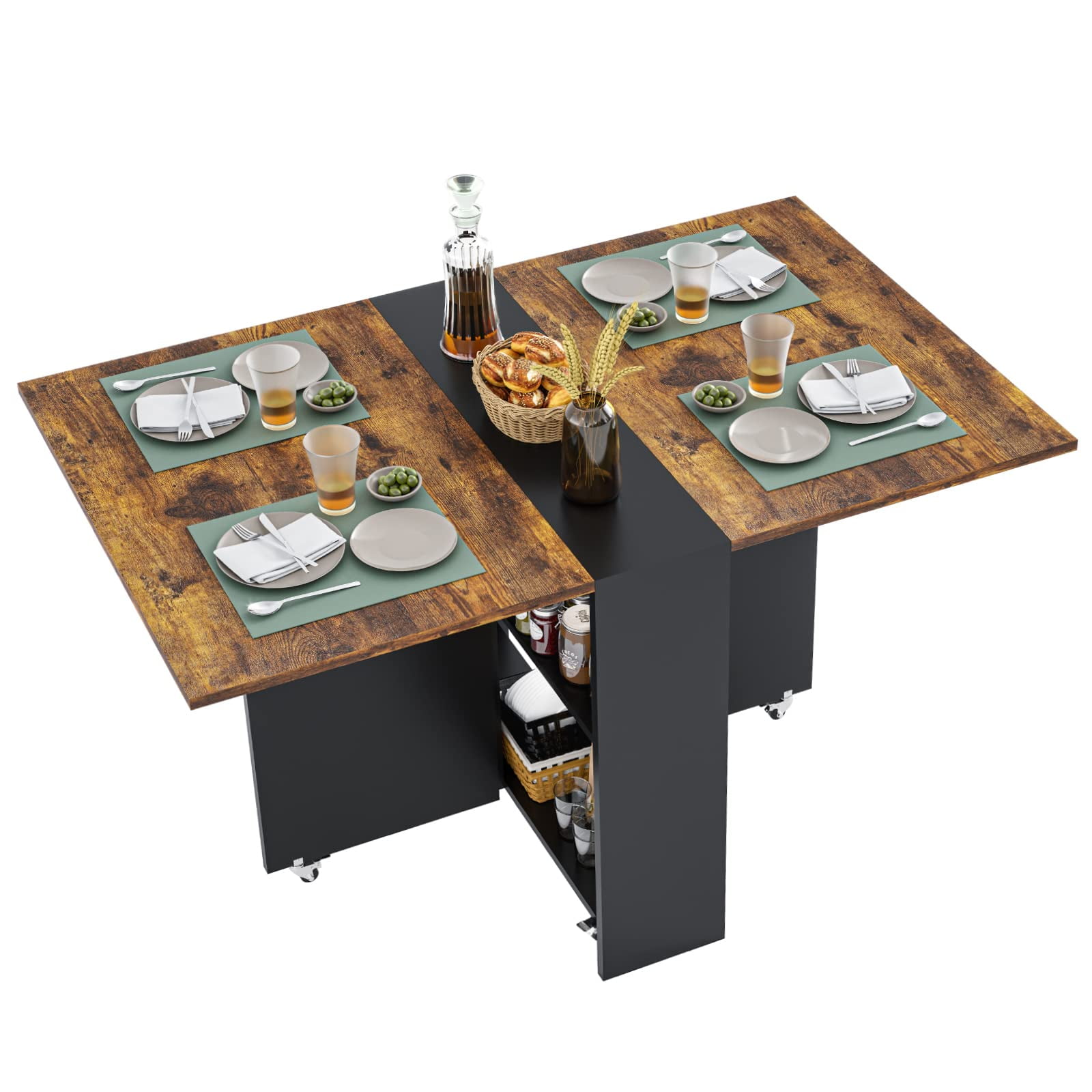 Foldable Kitchen Table with Storage, 6-Wheel Drop Leaf Design, Space ...