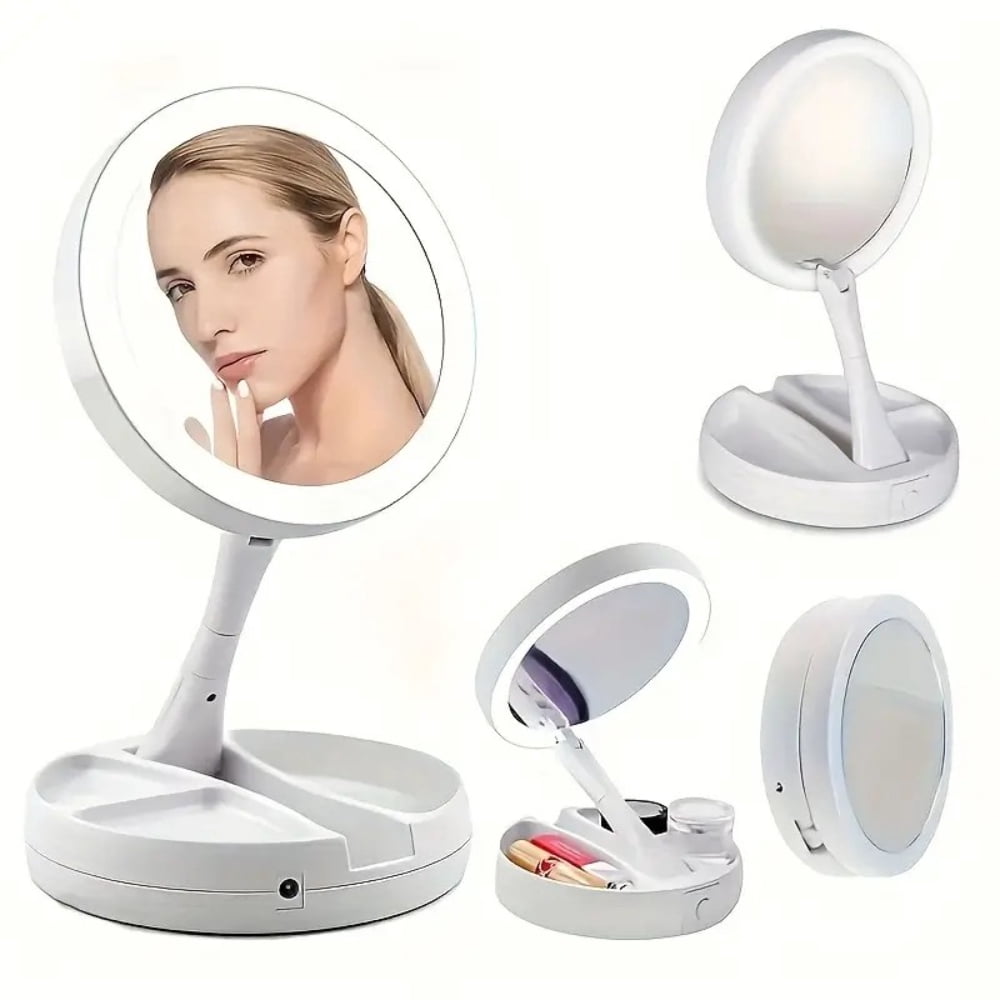 Foldable LED Vanity Mirror with Dual-Sided 1X & 10X Magnification ...