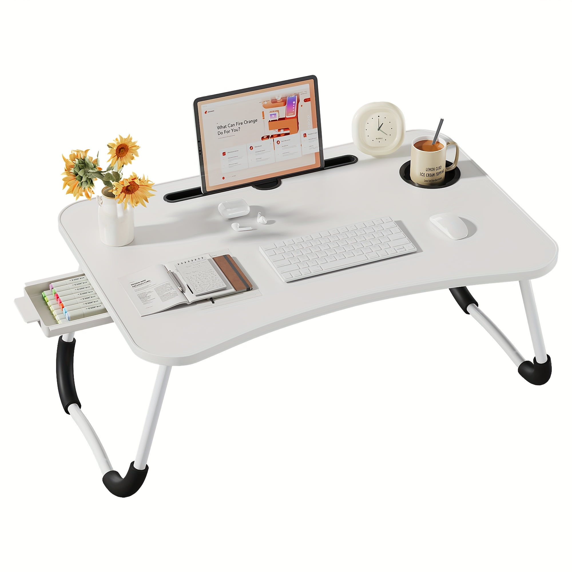 Foldable Lap Desk with Cup Holder & Drawer - Portable Laptop Bed Tray ...