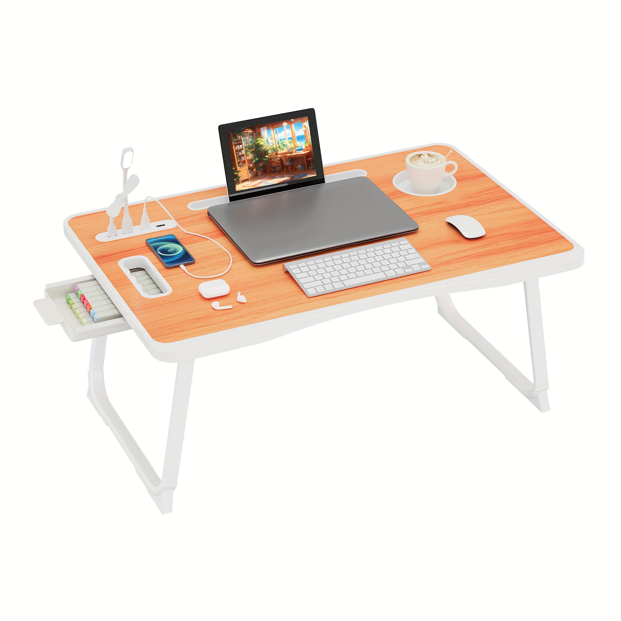 Foldable Lap Desk with Cup Holder & Drawer - Portable Laptop Bed Tray ...