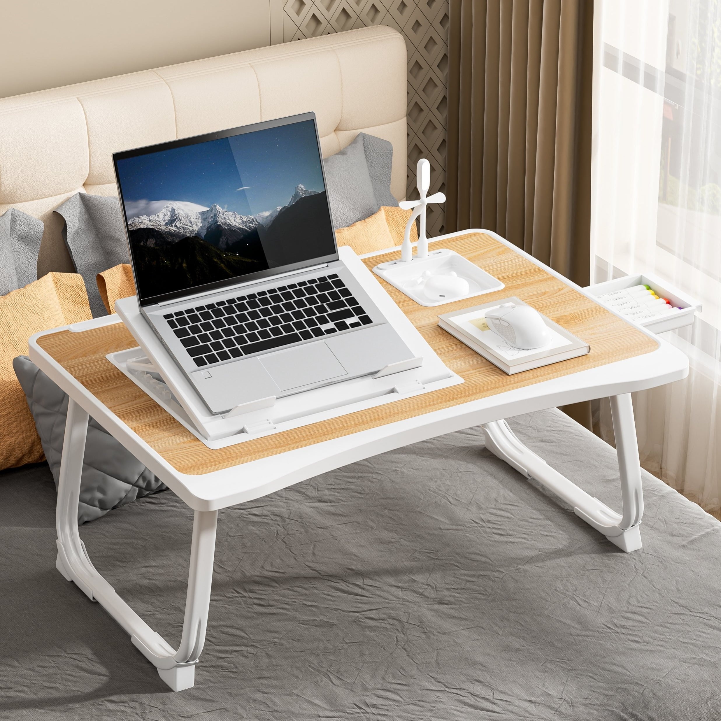 Foldable Laptop Bed Table with Cup Holder, Drawer, USB, Fan & Light ...