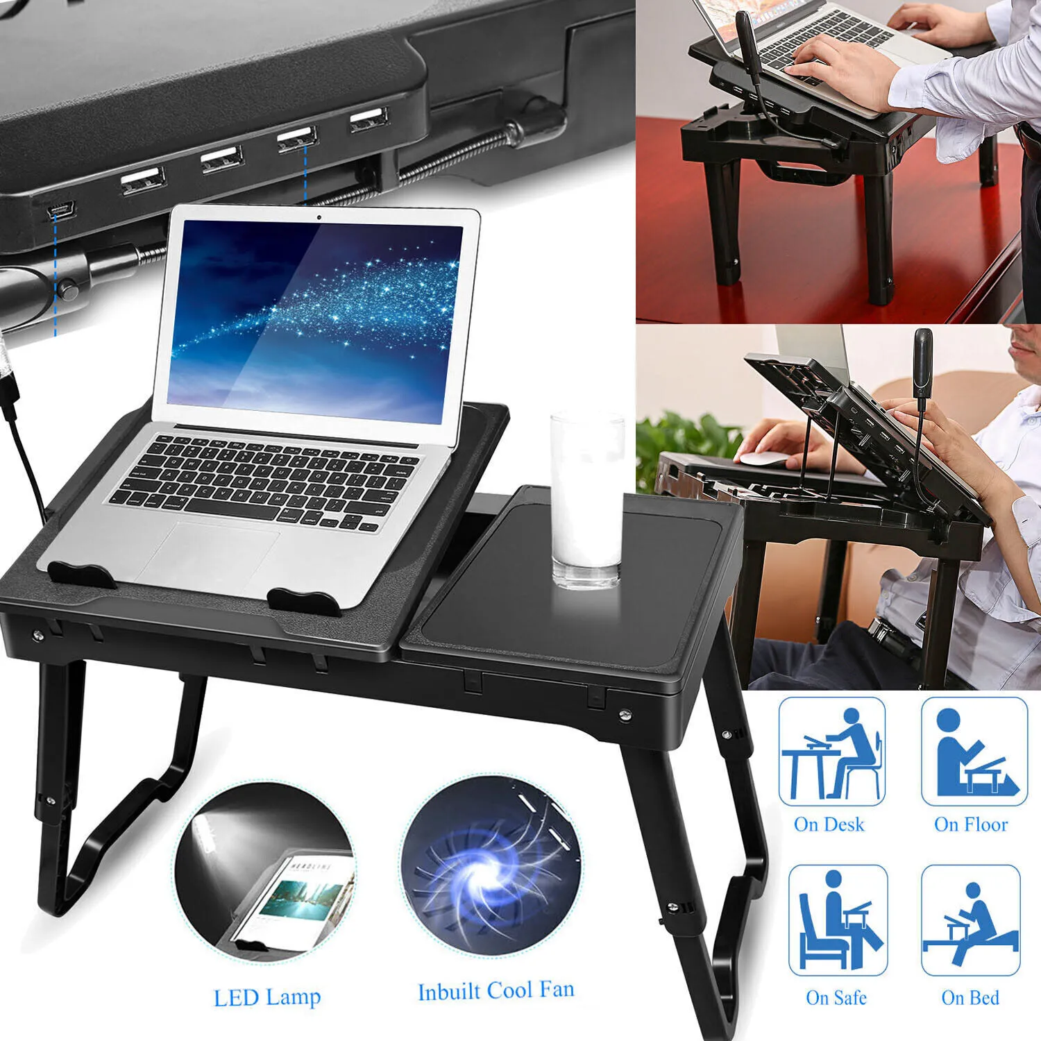 Foldable Laptop Table Tray Tablet Stand Bed Sofa Desk W/Fan 4 USB Port ...