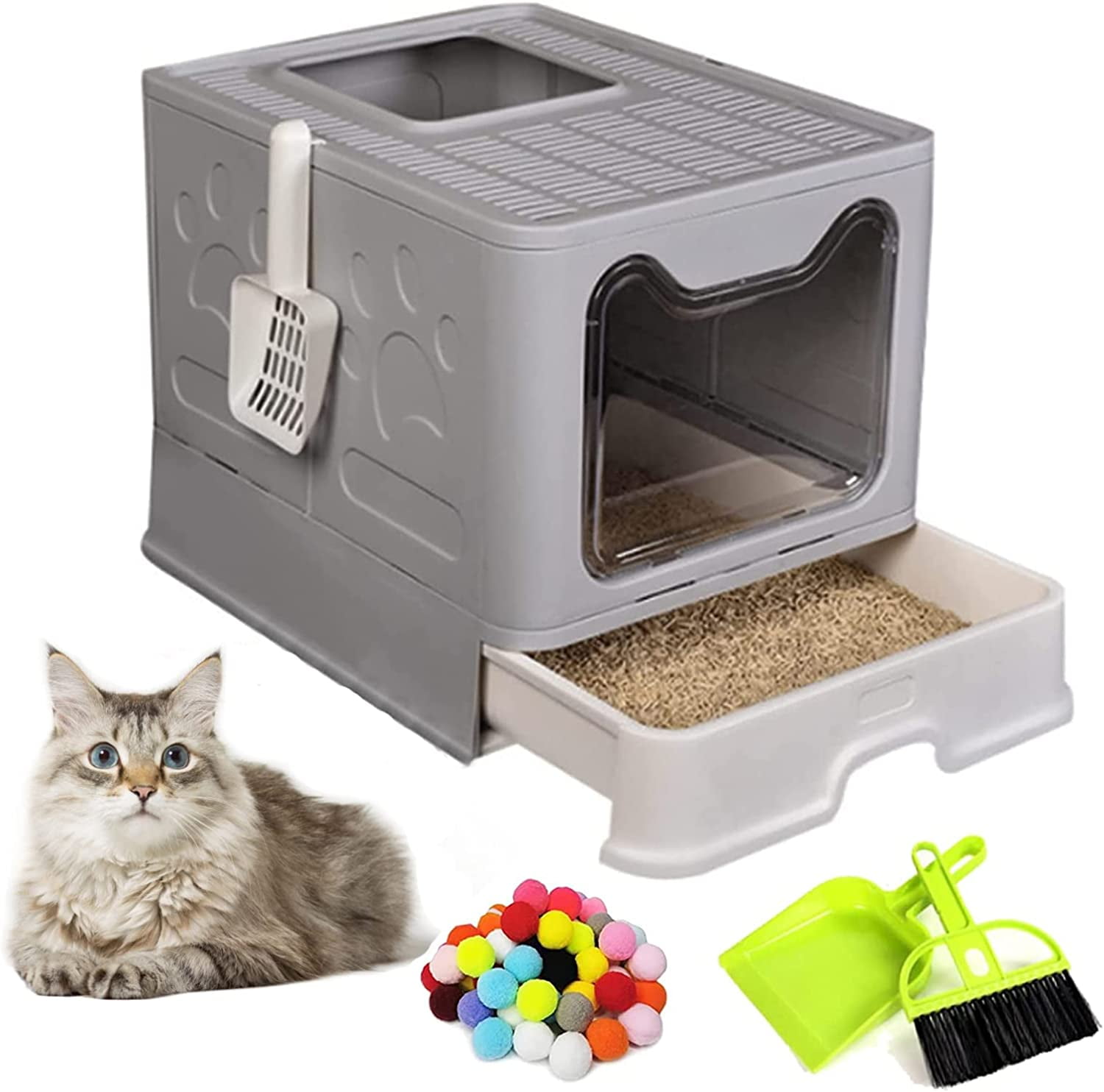 Foldable Large Cat Litter Box Enclosed Cat Potty with Drawer Top Entry ...