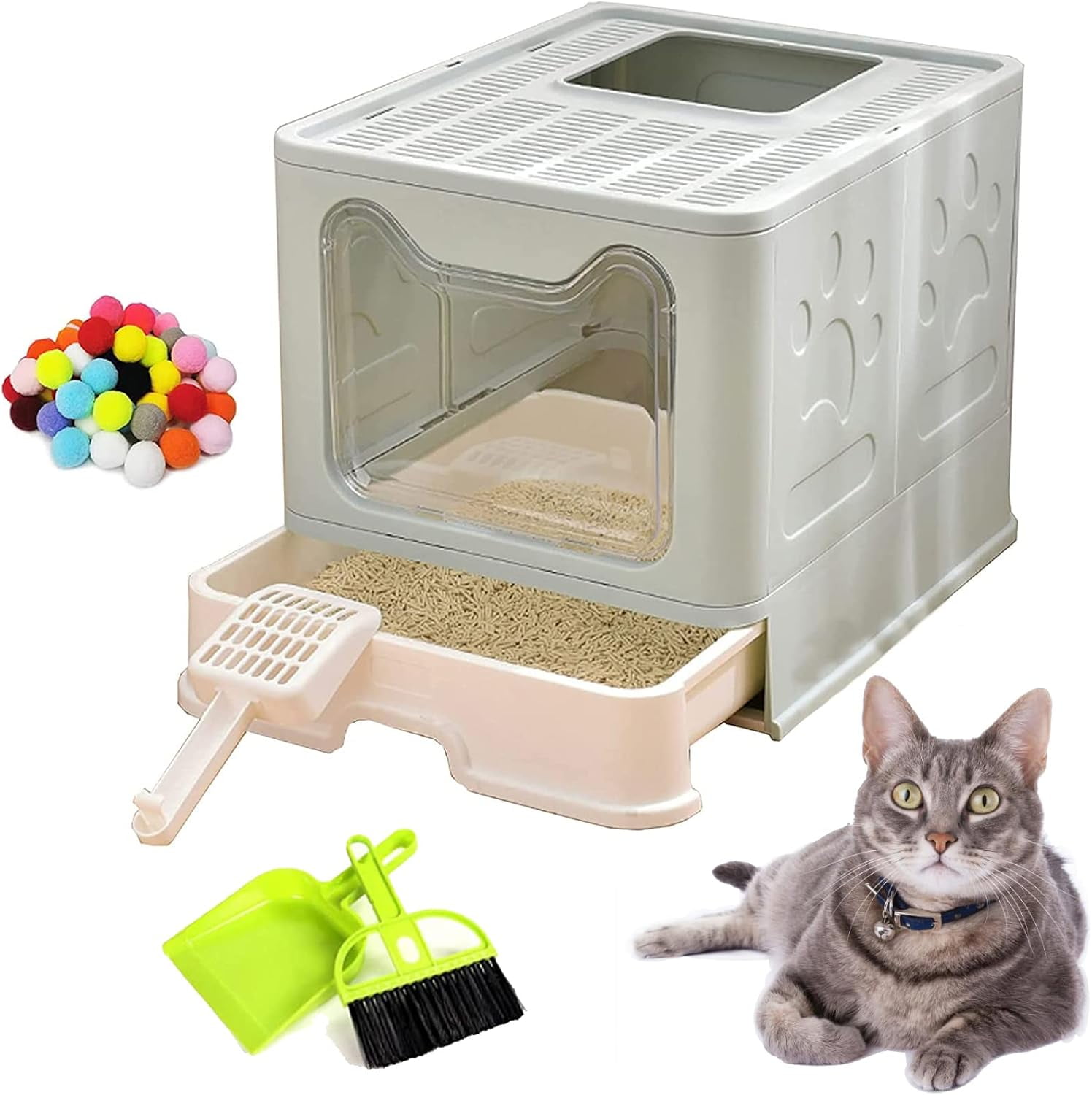 Foldable Large Cat Litter Box Enclosed Cat Potty with Drawer Top Entry ...
