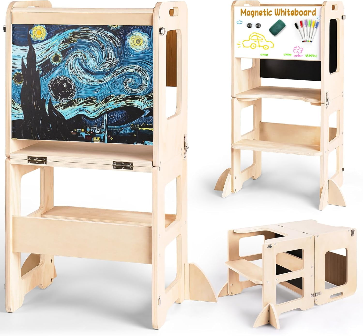 Foldable Learning Standing Tower with Chalkboard and Whiteboard, Wooden ...