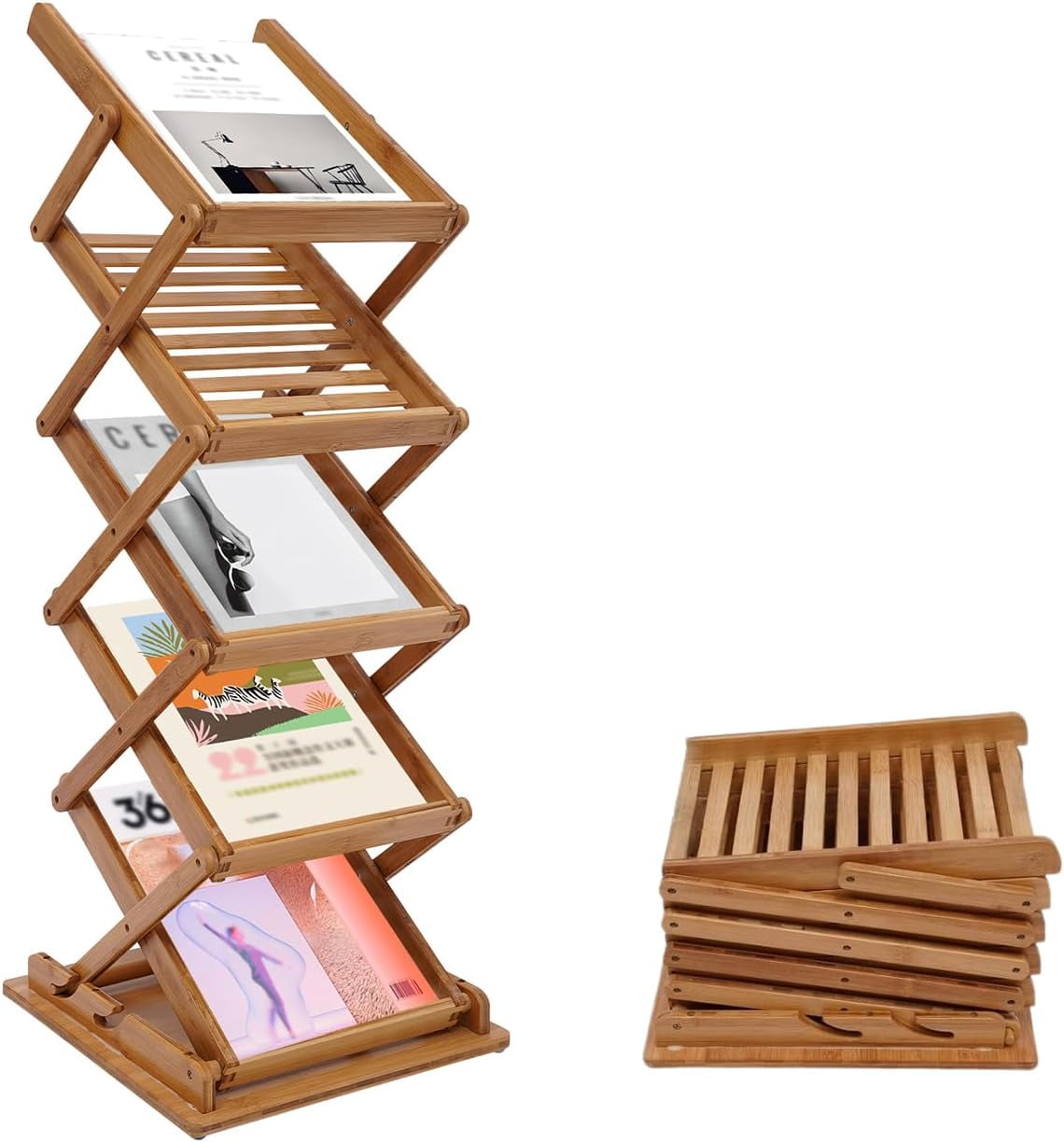 Foldable Magazine Rack, 5 Layers Heavy Duty Bamboo Magazine Rack ...