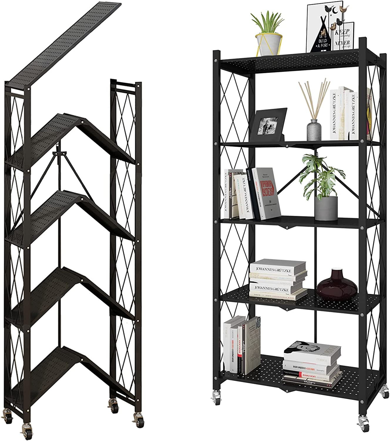 Foldable Metal Heavy Duty Storage Shelves with Wheels, No Assembly ...
