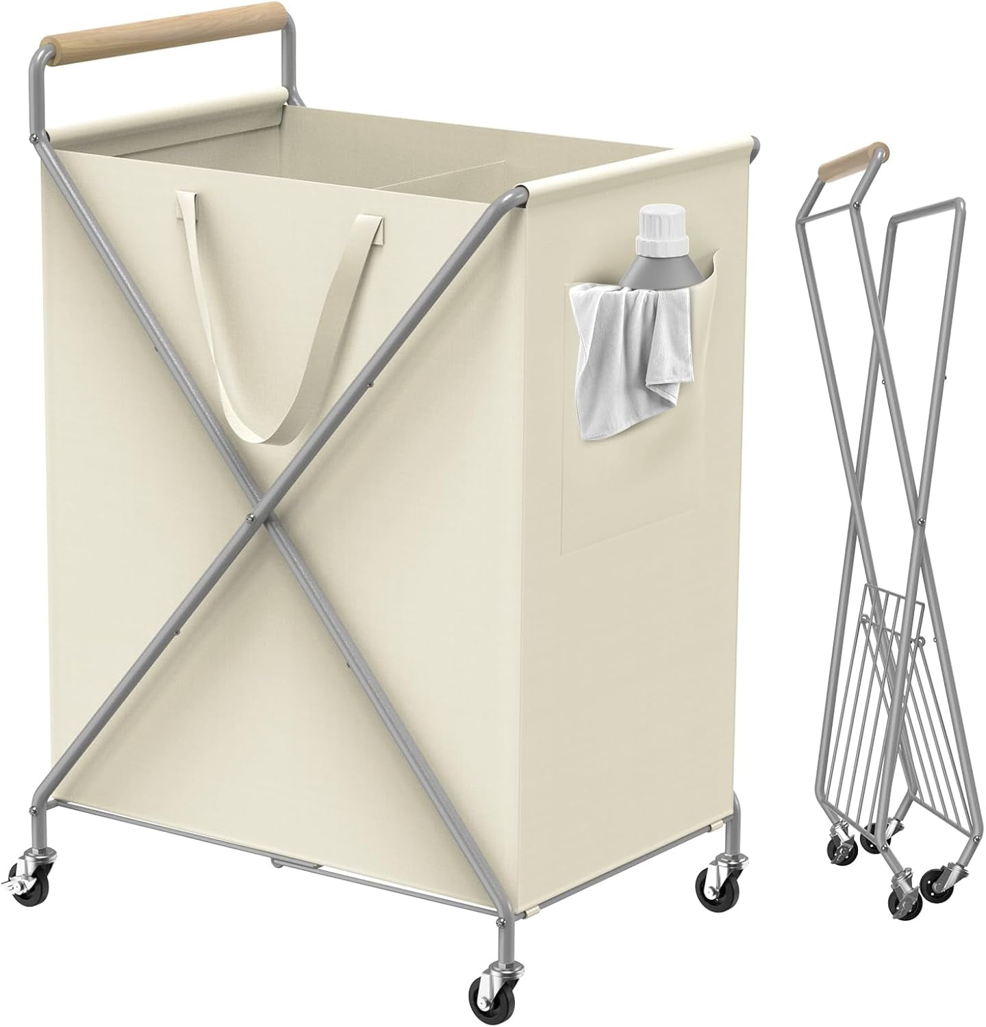 Foldable Metal Laundry Basket with Wheels, 2-Section Rolling Laundry ...