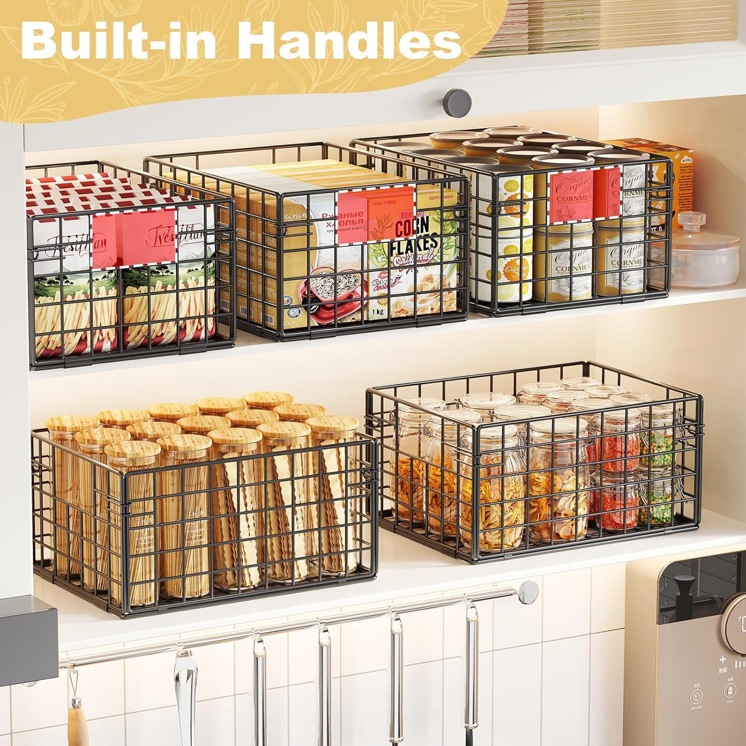 Foldable Metal Wire Basket Pantry Baskets with Handles - 6 Pack ...