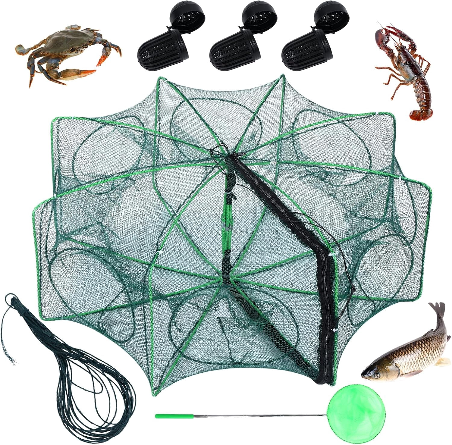 Foldable Minnow Trap with Bait Cage, Telescopic Landing Net and Rope, 8 ...