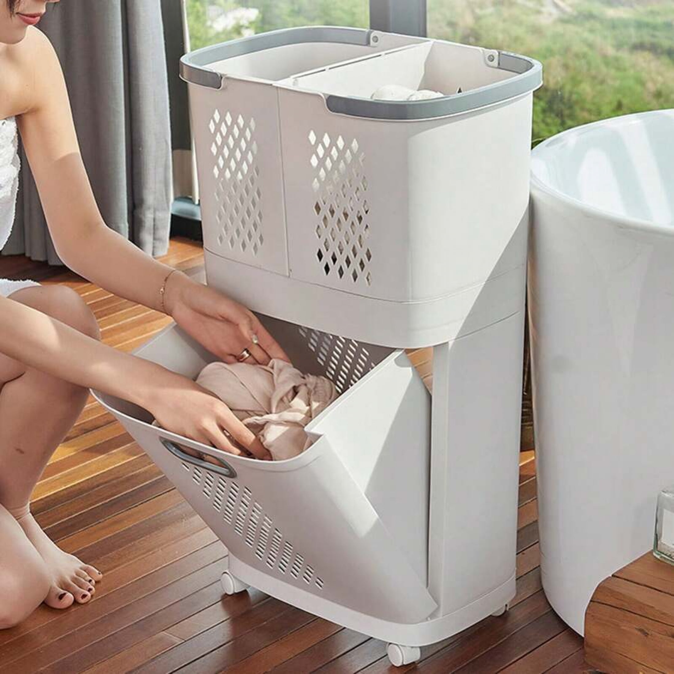 Foldable Movable Laundry Hamper, Plastic Clothes Storage Basket for ...
