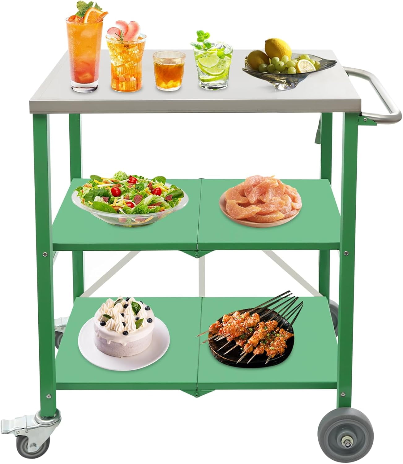 Foldable Outdoor Grill Cart with Wheels, 3 Tier Rolling BBQ Table ...