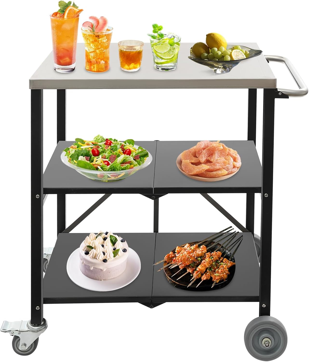 Foldable Outdoor Grill Cart with Wheels - Rolling BBQ Table Portable ...