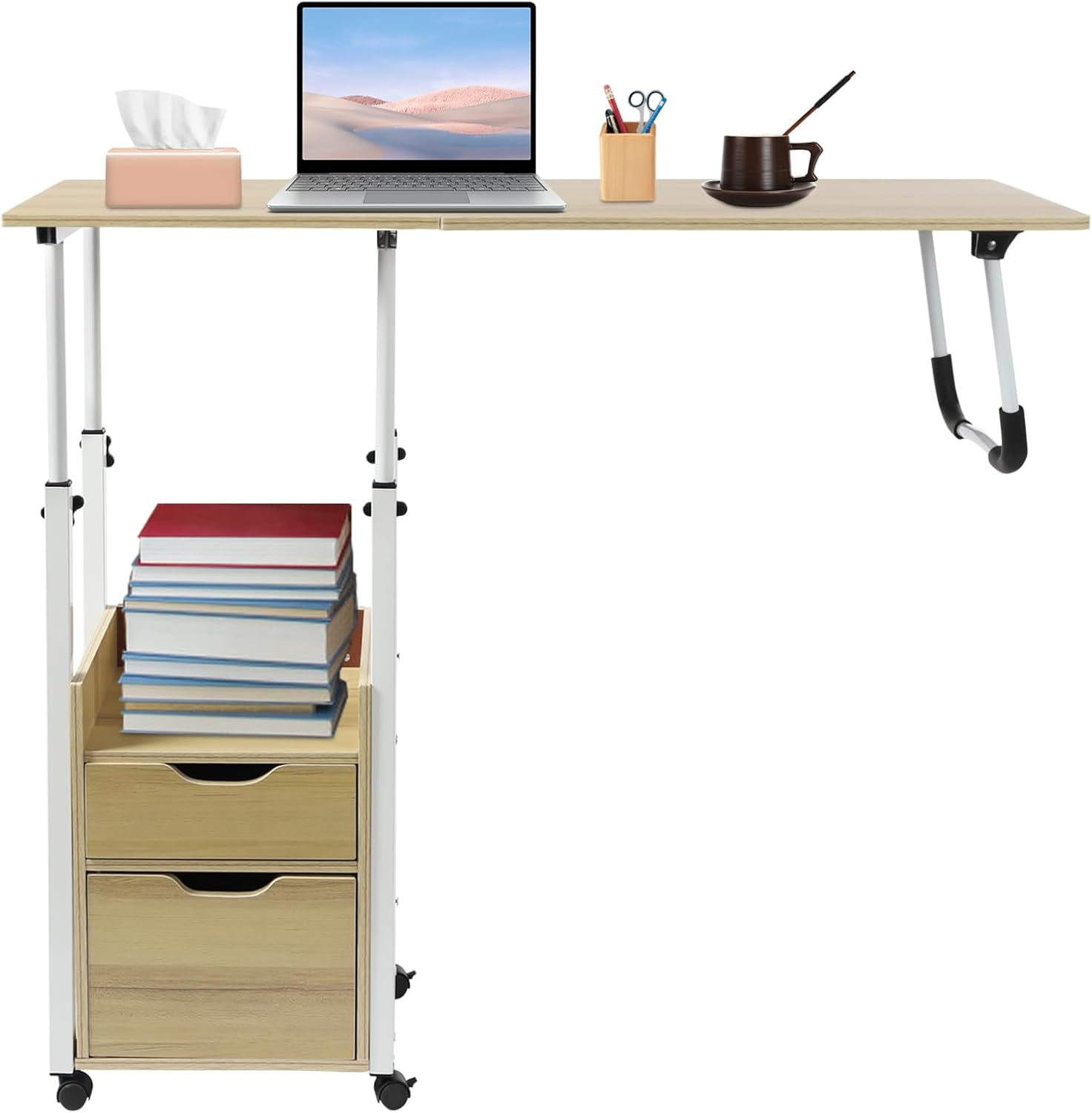 Foldable Overbed Table with Wheels, Height Adjustable Movable Bedside ...