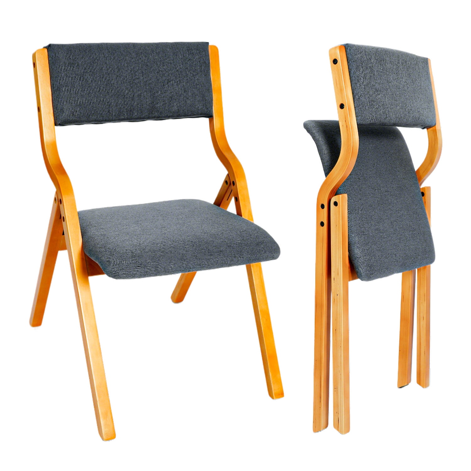 Foldable Padded Chairs with Solid Teak Wood Frame, Set of 2, Grey ...