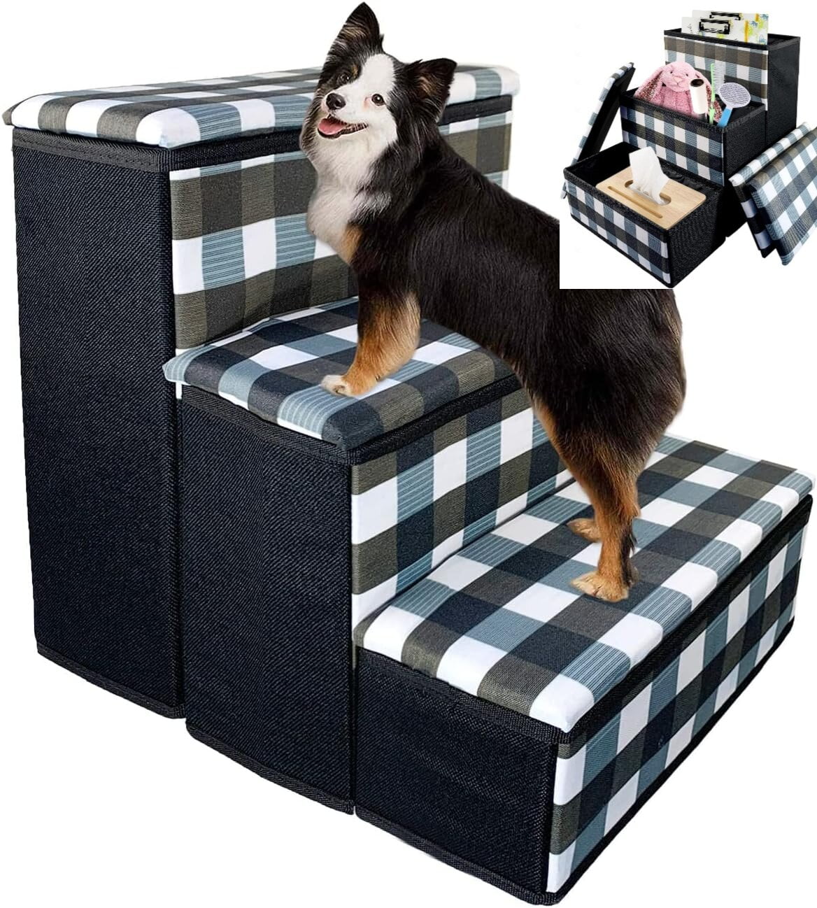 Collapsible Pet Steps with Storage - Padded 3-Step Stairs for Dogs Cats ...
