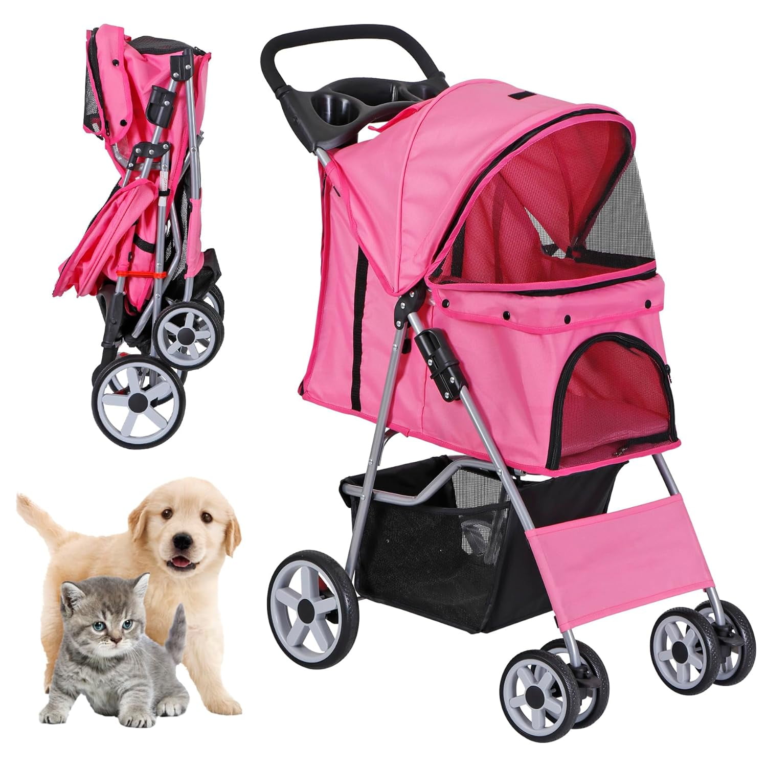 Foldable Pet Travel Stroller, 4-Wheel Cat/Dog Strolling Cart with ...