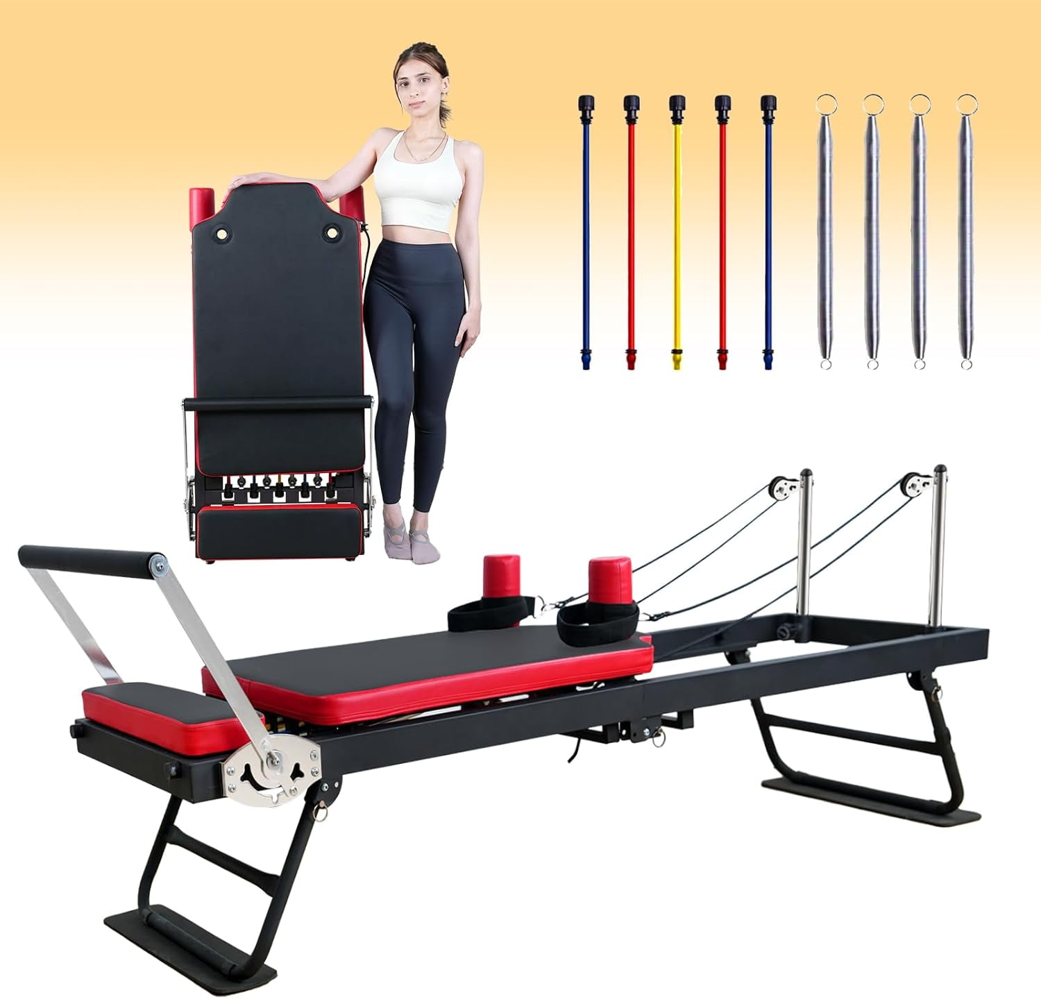Foldable Pilates Reformer for Home Gym - Dual Spring & Rope Resistance ...
