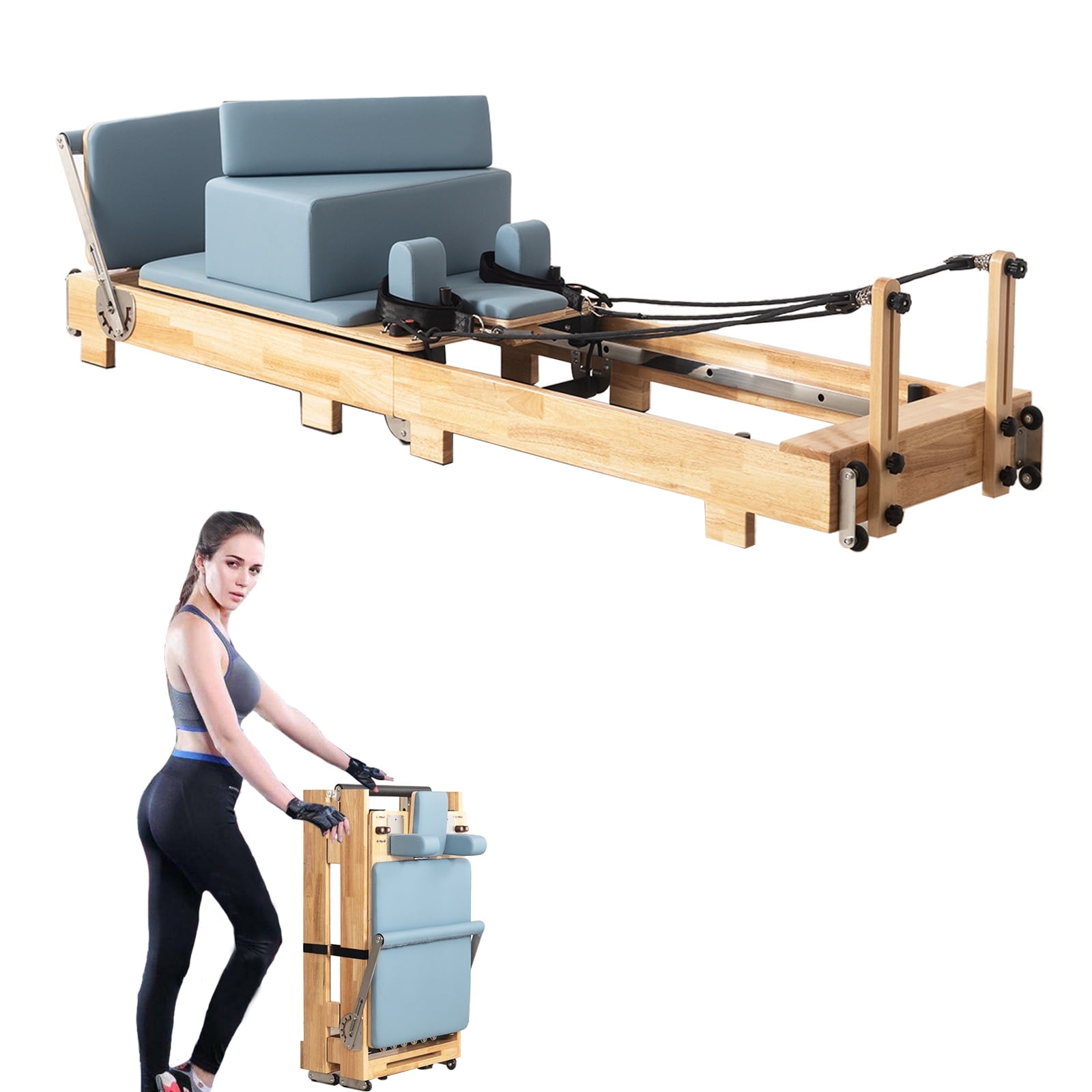 Foldable Pilates Reformer Machine: Rubber Wood Pilates Bed for Strength ...