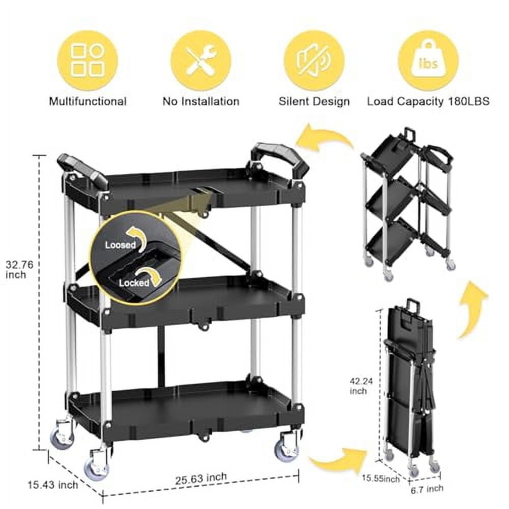 Foldable Rolling Book Cart, 3 Tier Folding Utility Service Carts with ...