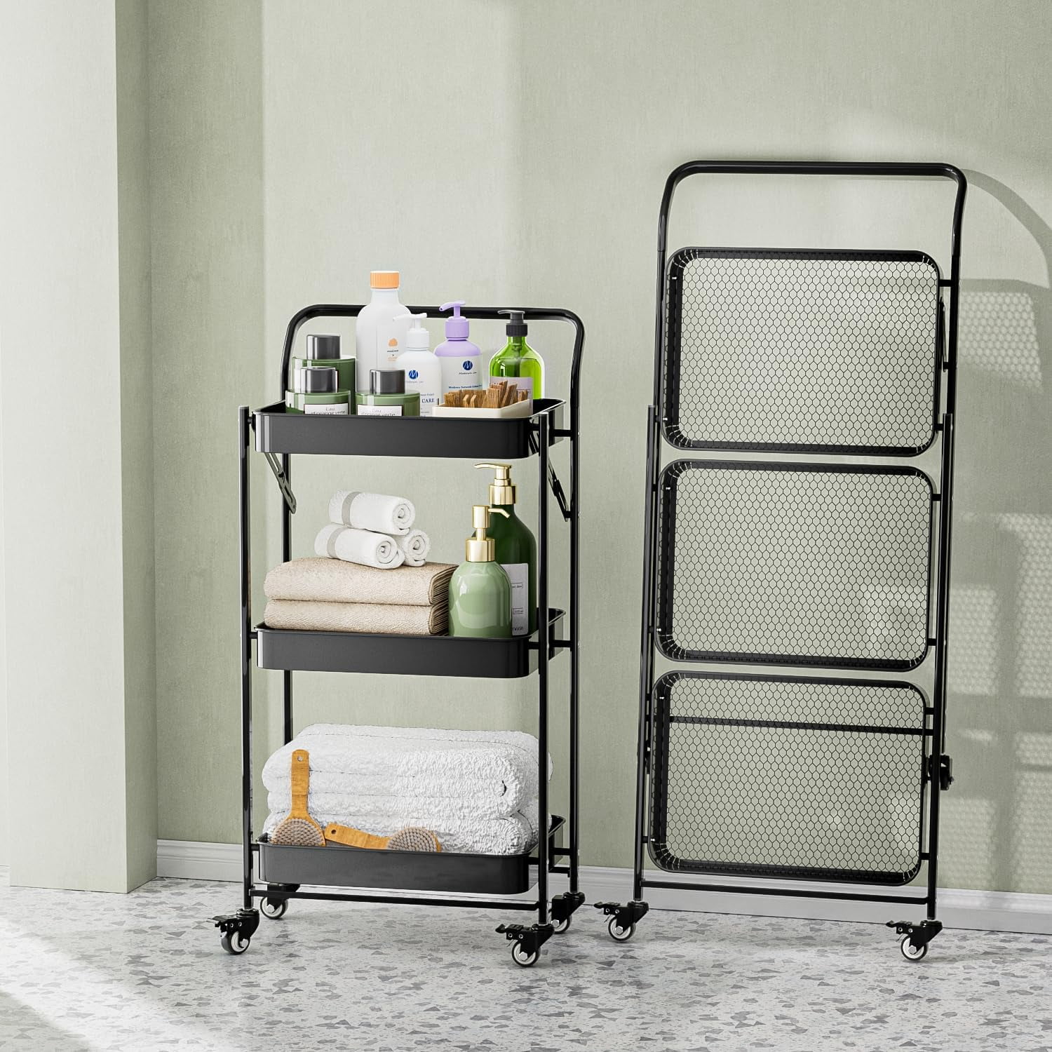 Foldable Rolling Cart, 3-Tier Metal Folding Storage Utility Carts ...
