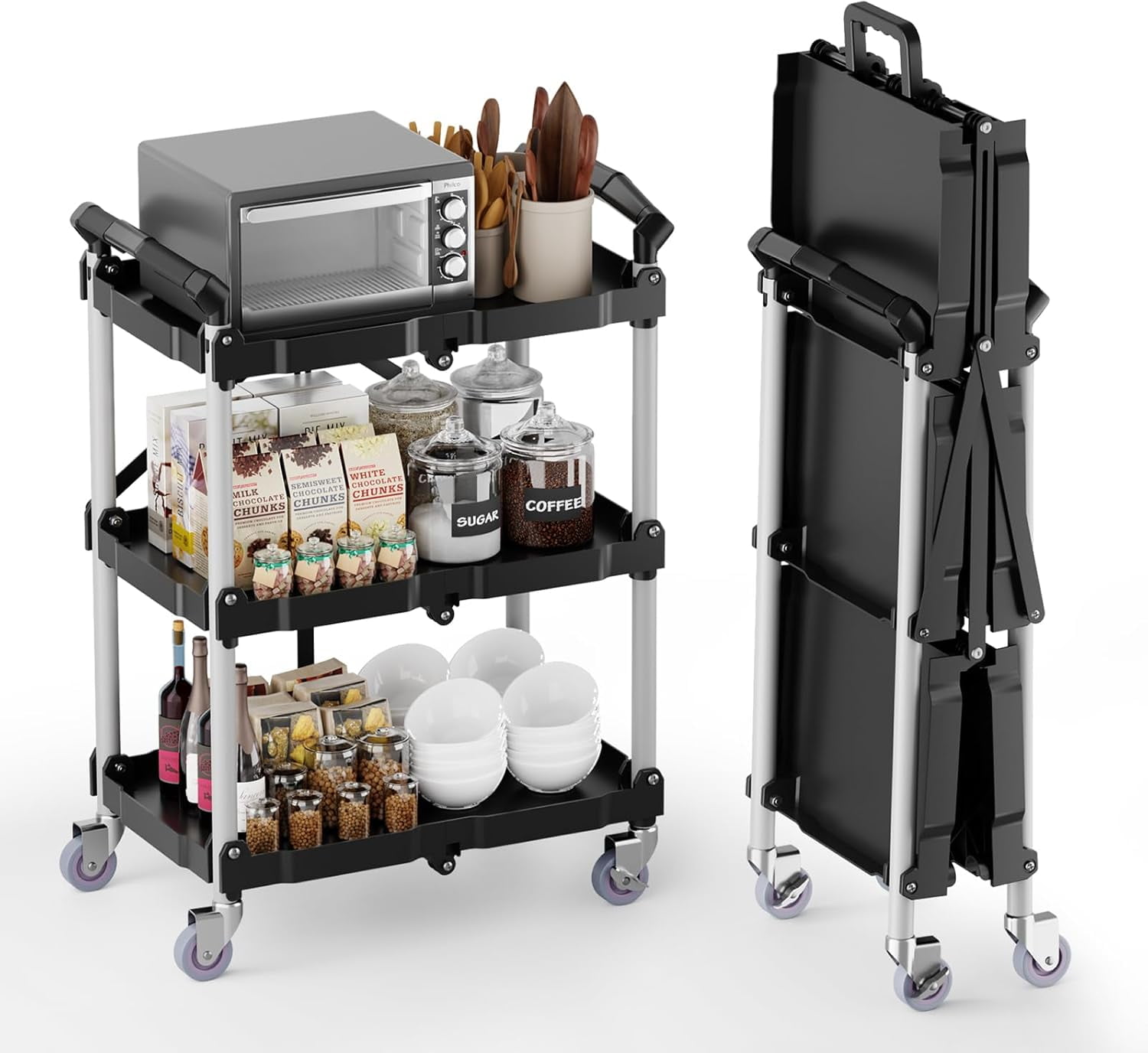 Foldable Rolling Cart, 3 Tier Portable Utility Service Carts with ...