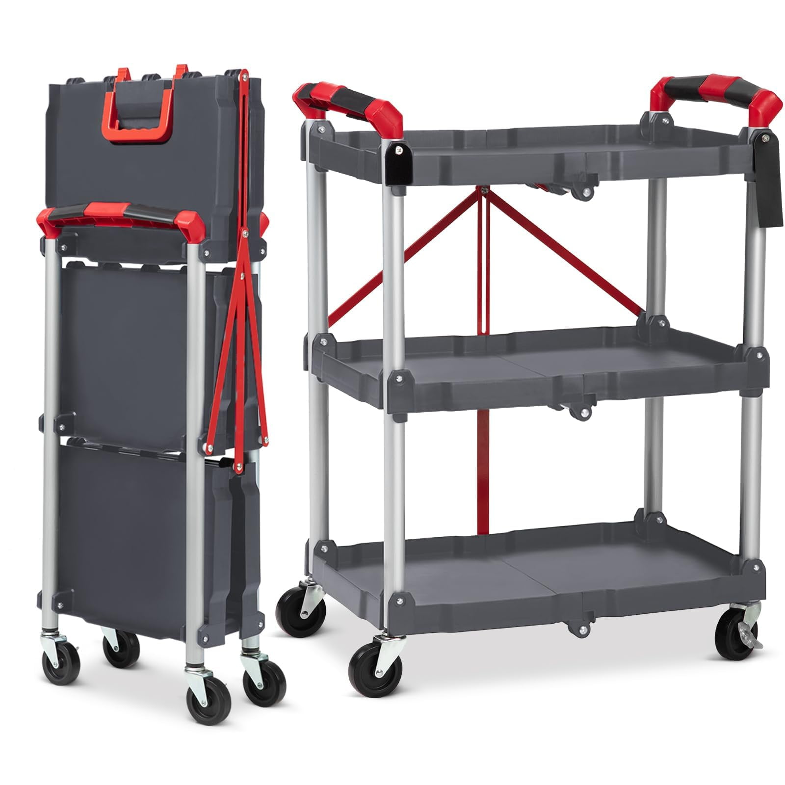 Foldable Rolling Cart 3 Tier, Utility Service Cart with Fixed Rope and ...