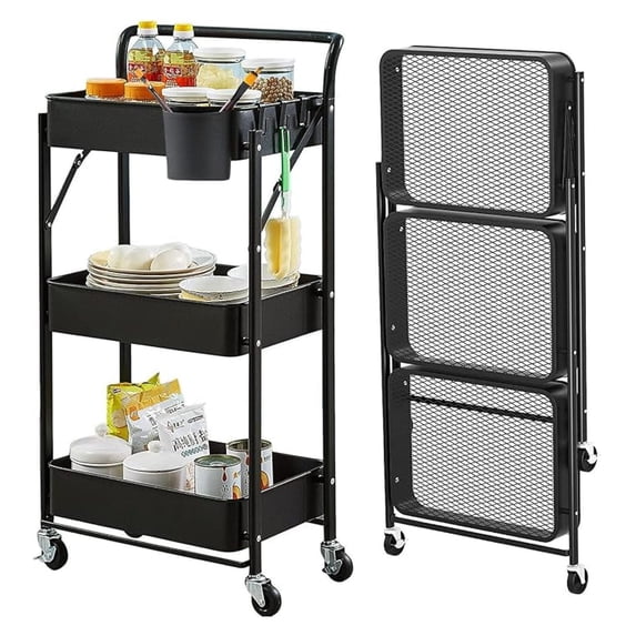 Foldable Rolling Cart 3 Tier Utility Storage Cart No Assembly Metal ...