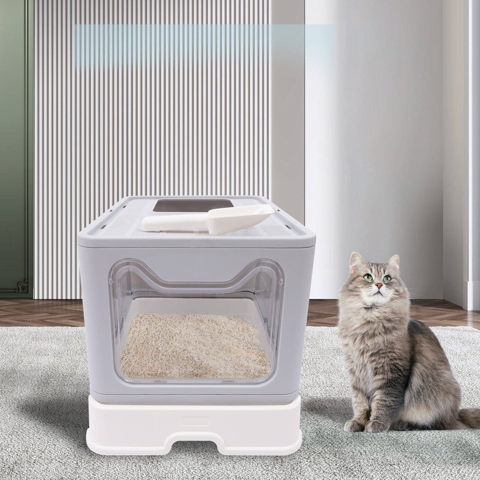 Foldable Semi-Enclosed Cat Litter Box with Clear Door & Litter Scoop ...