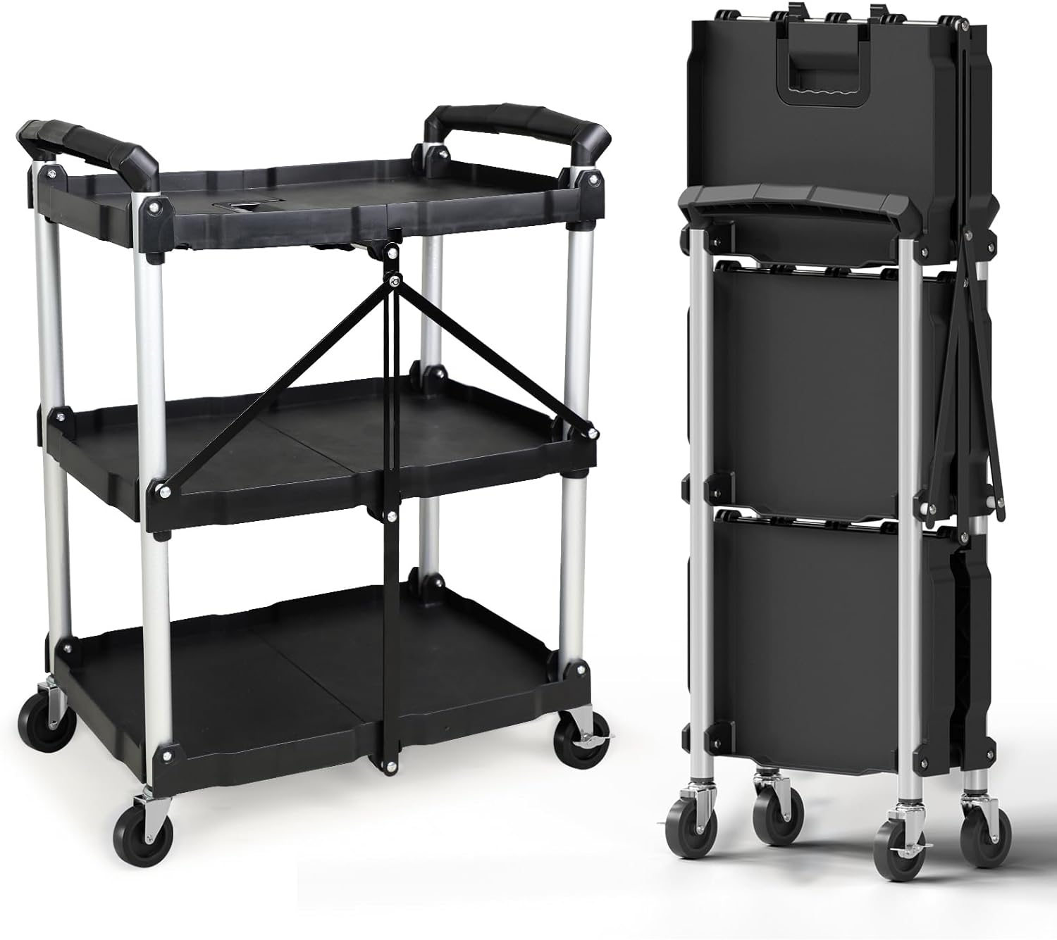 Foldable Service Utility cart,3 Tier Collapsible Cart with 360° Swivel ...