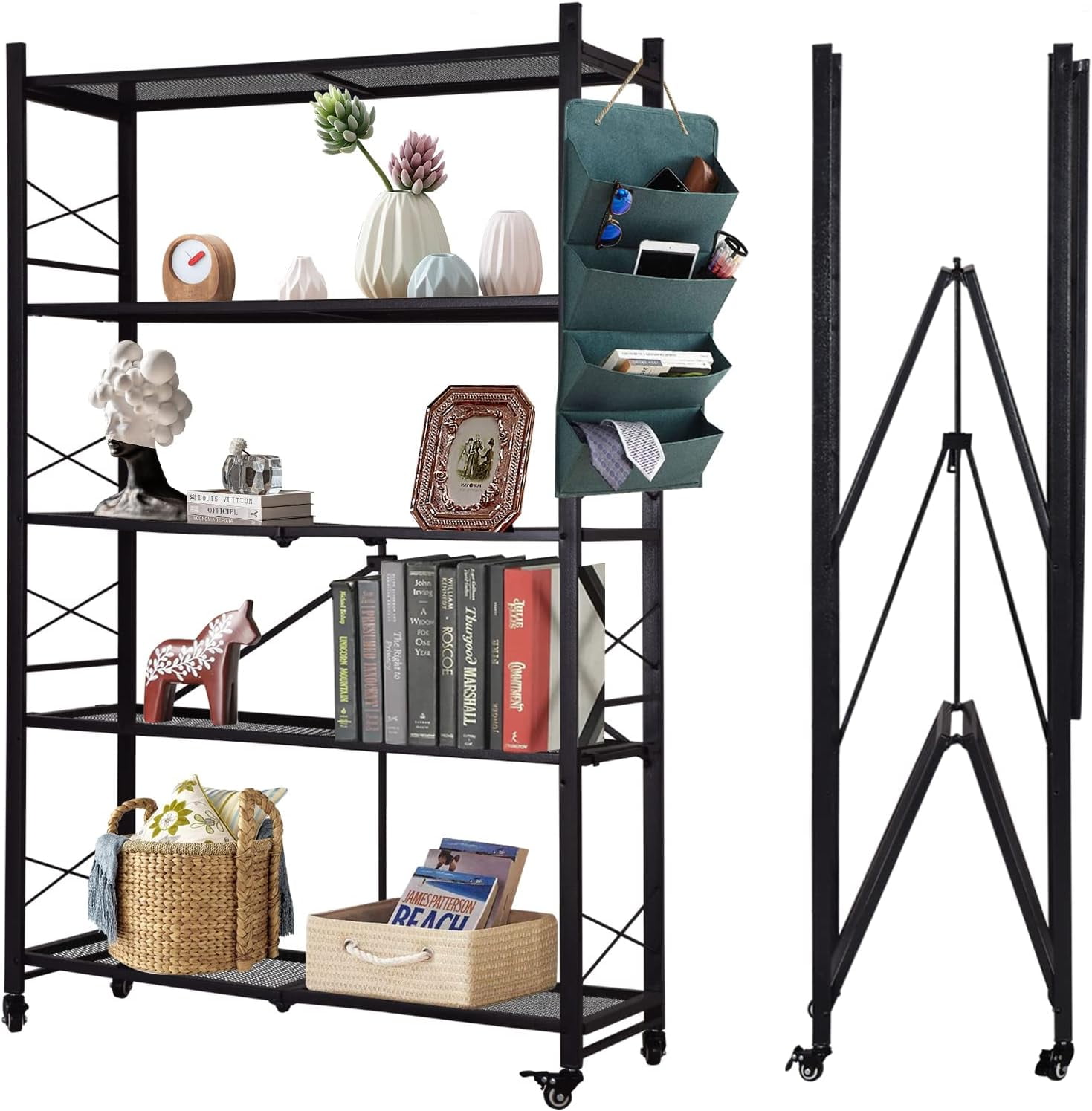 Foldable Shelves 5 Tier Heavy Duty Metal Storage Shelves with Wheels - No Assembly Collapsible ...
