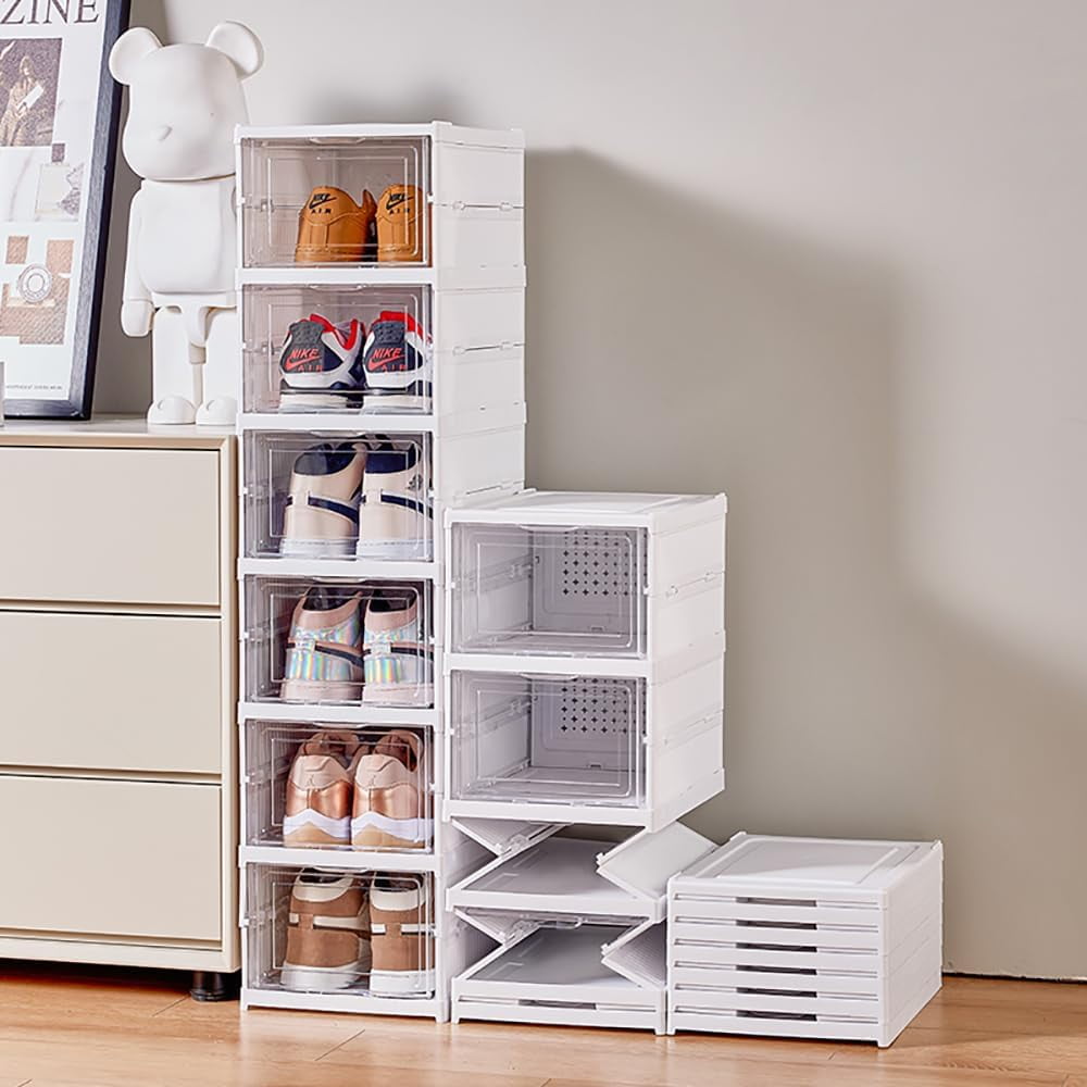 Foldable Shoe Rack Org Size up to 14,No Assembly Stackable Shoe Storage Box with Doors,Free ...