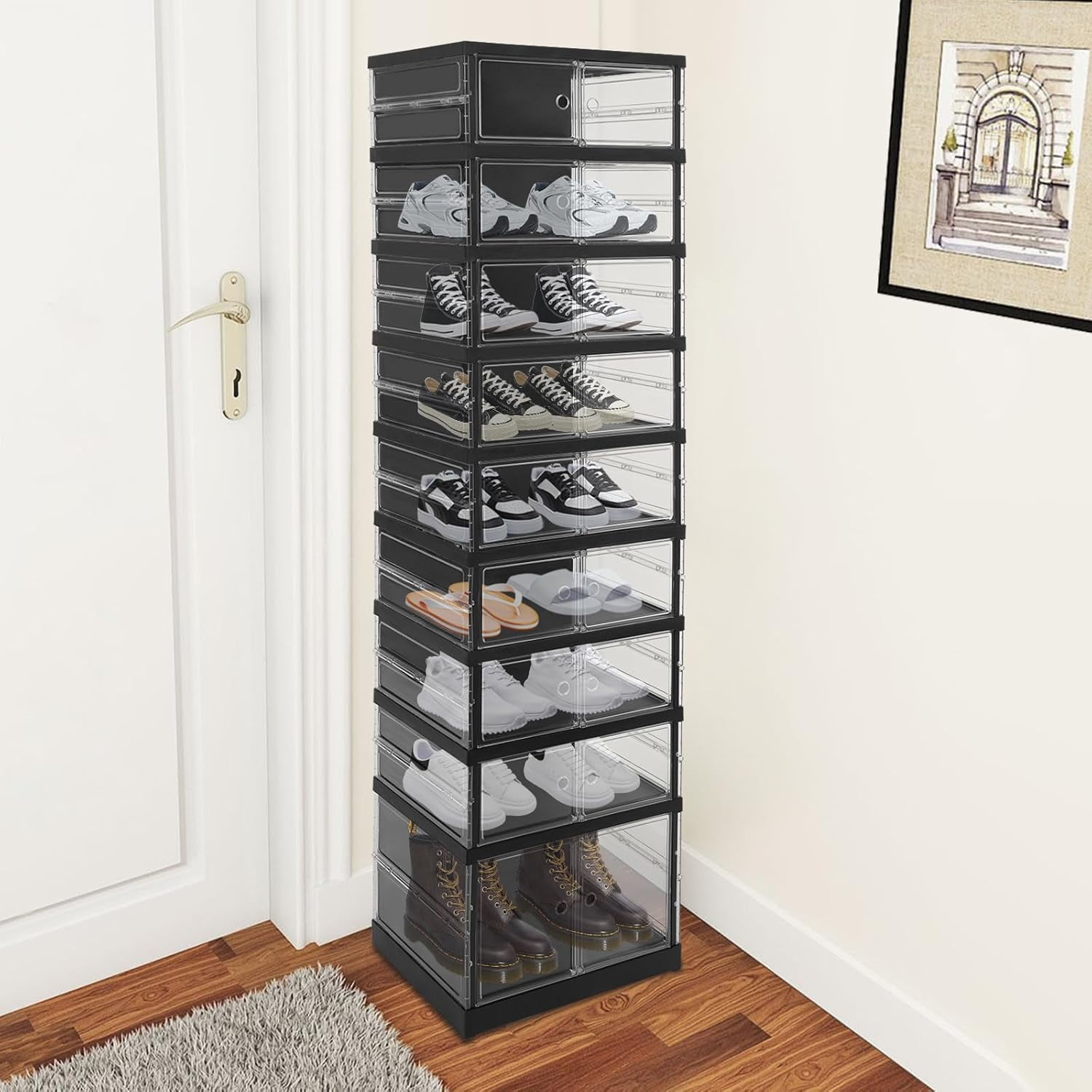 Foldable Shoe Rack Organizer 9 Tiers Portable Clear Shoe Storage Box ...